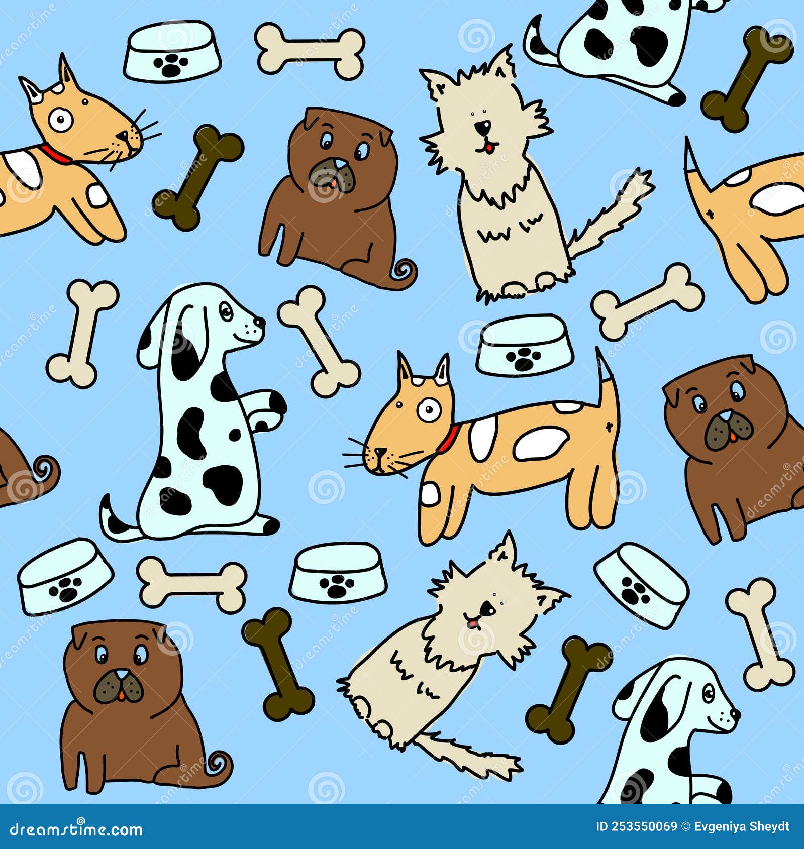 Vector Seamless Pattern with Cute Dogs Isolated on Blue Background ...