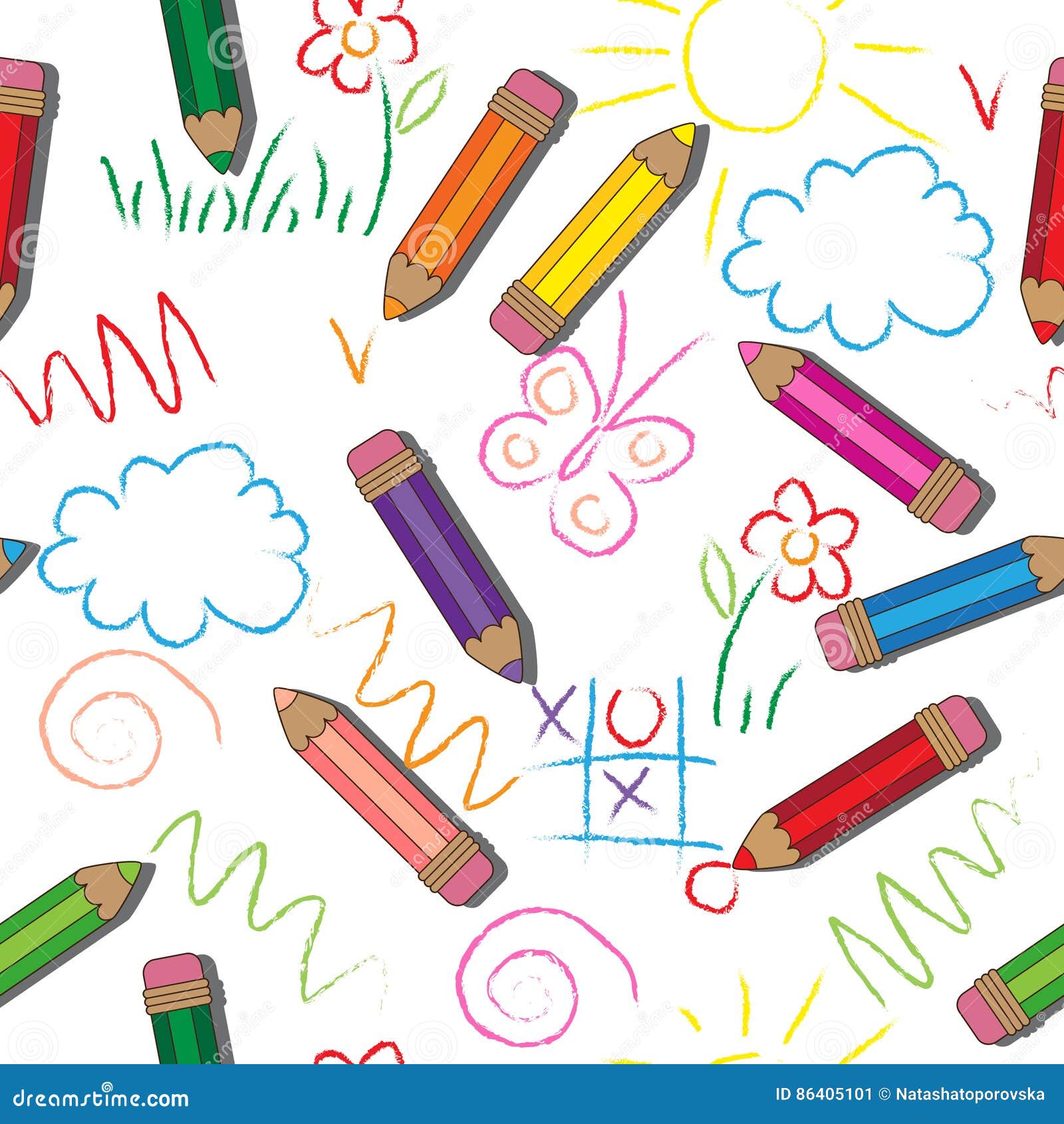 Vector Seamless Pattern. Cute Drawings and Pencils on a White ...