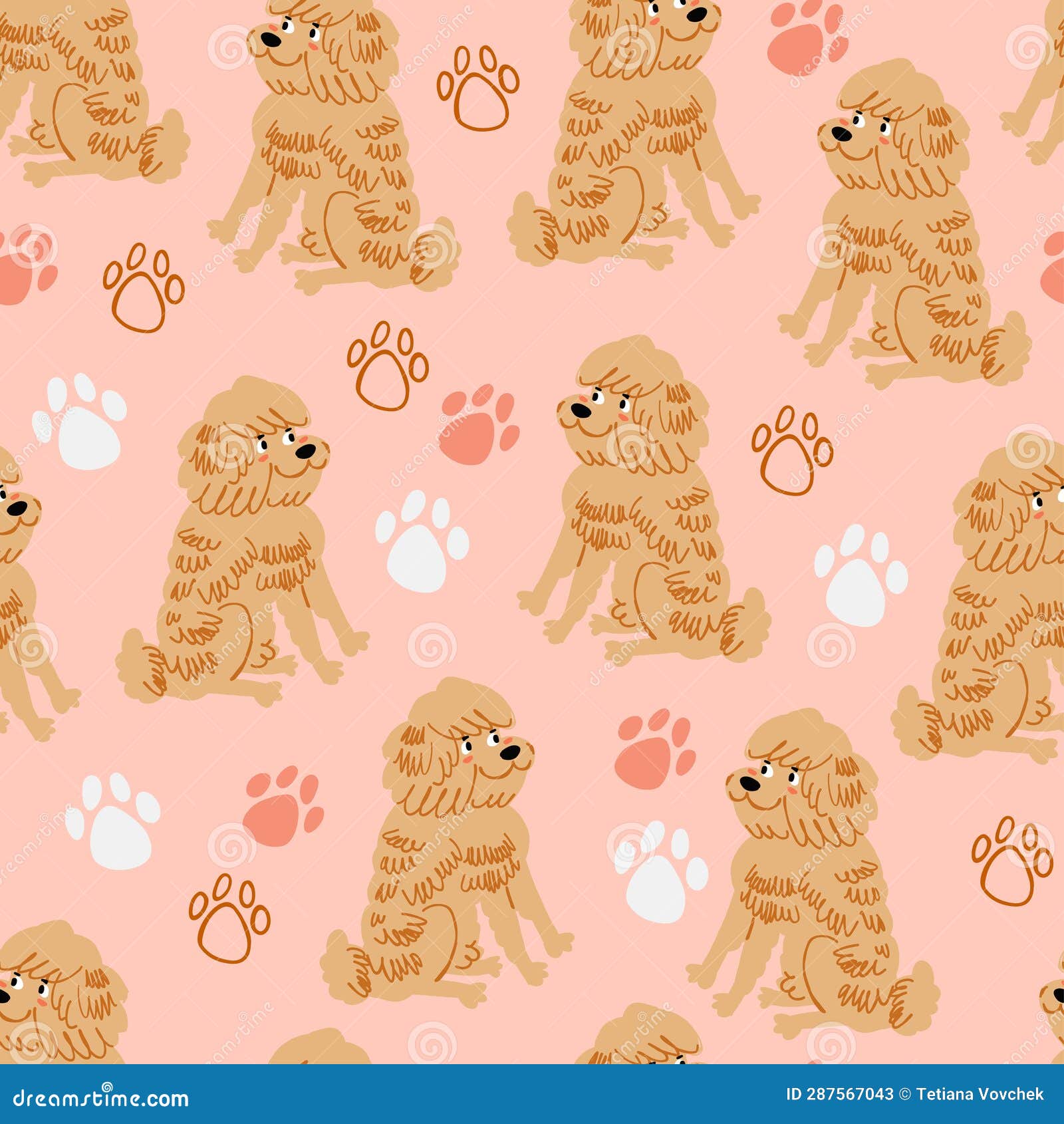 Vector Seamless Pattern with Cute Fluffy Dog and Paw Prints, Kid ...