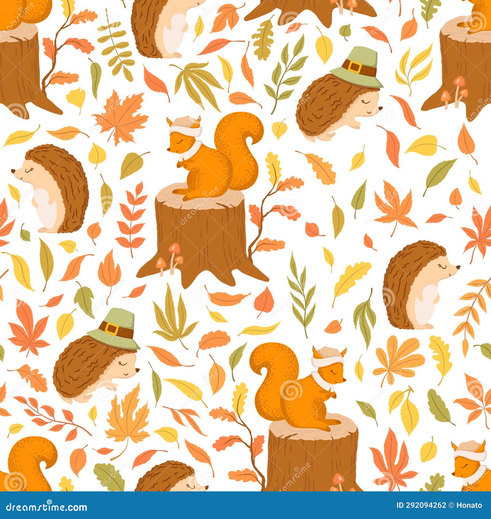 Vector Seamless Pattern with Cute Hand Drawn Cartoon Squirrels, Hedgehogs, Autumn Leaves and ...