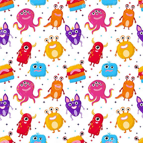 Vector Seamless Pattern with Cute Monsters on White Background ...