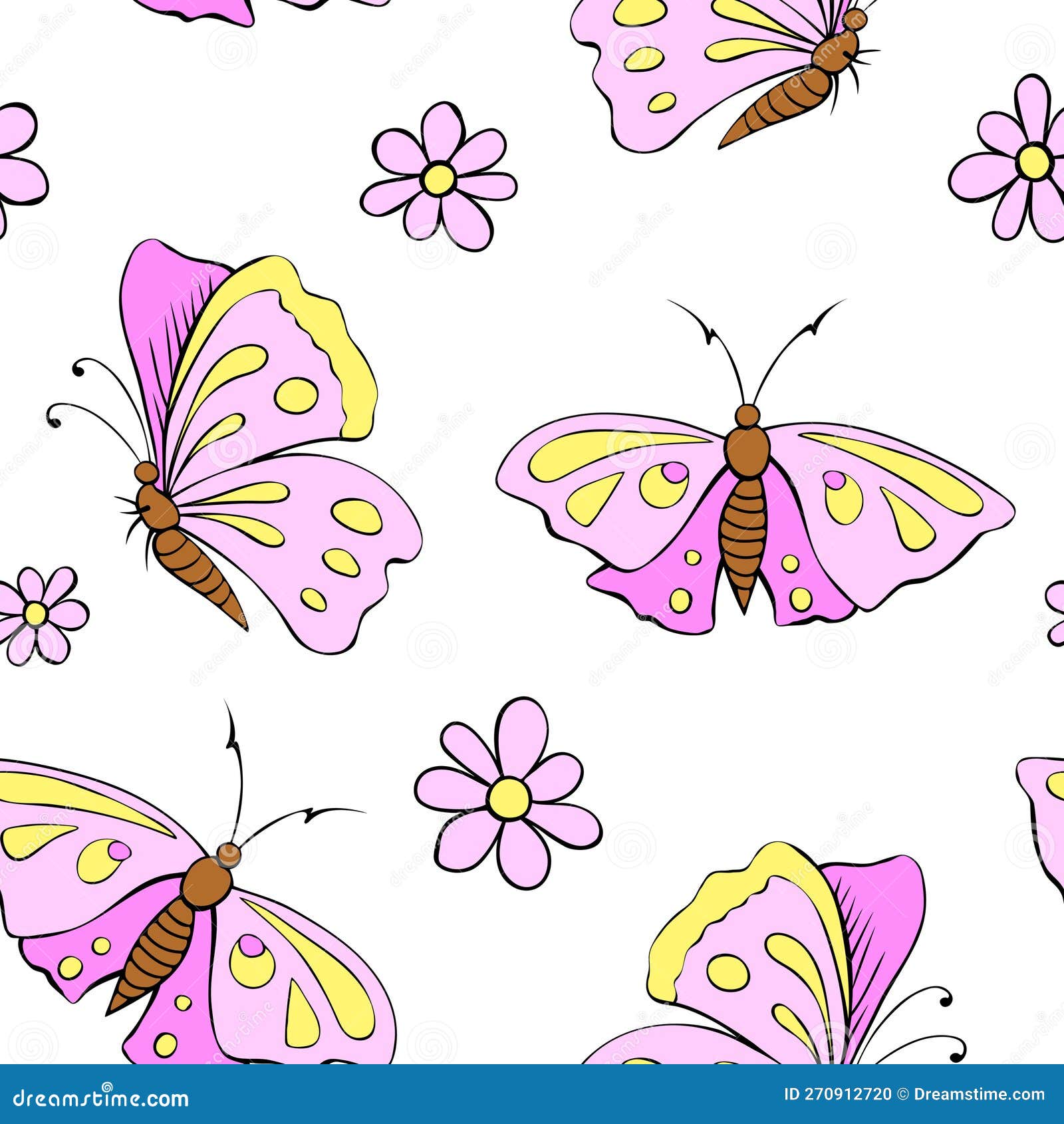 Vector Seamless Pattern of Cute Pink Butterflies and Flowers in Flat ...