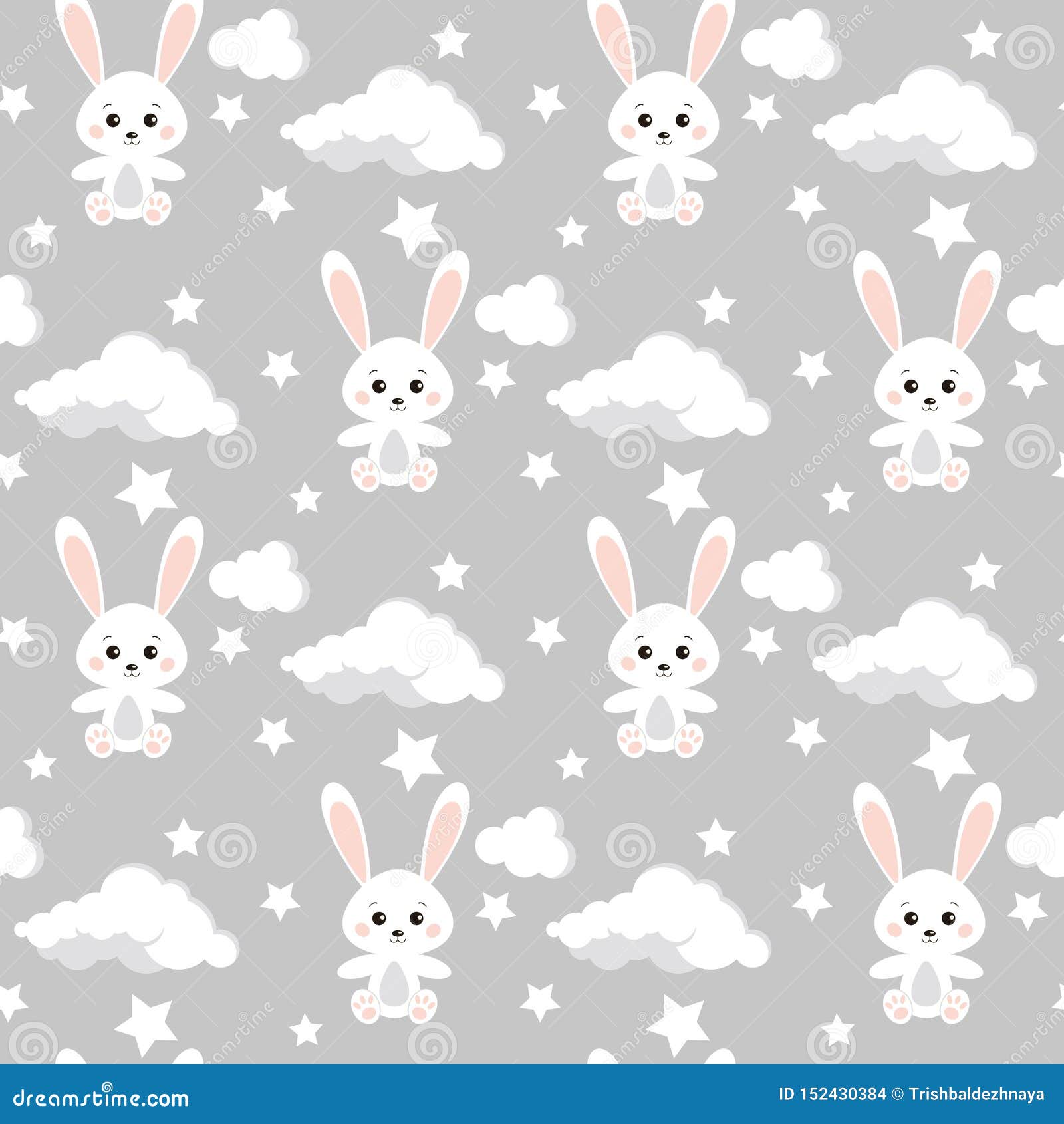 Vector Seamless Pattern With Cute Rabbits Clouds Stars On Neutral