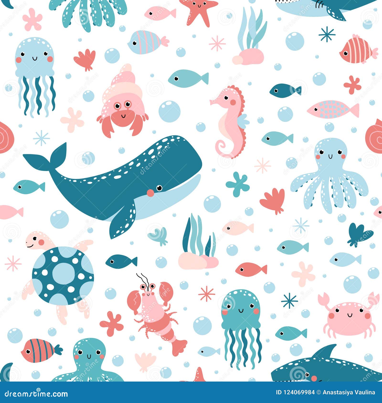 Vector Seamless Pattern with Cute Sea Animals. Stock Illustration ...