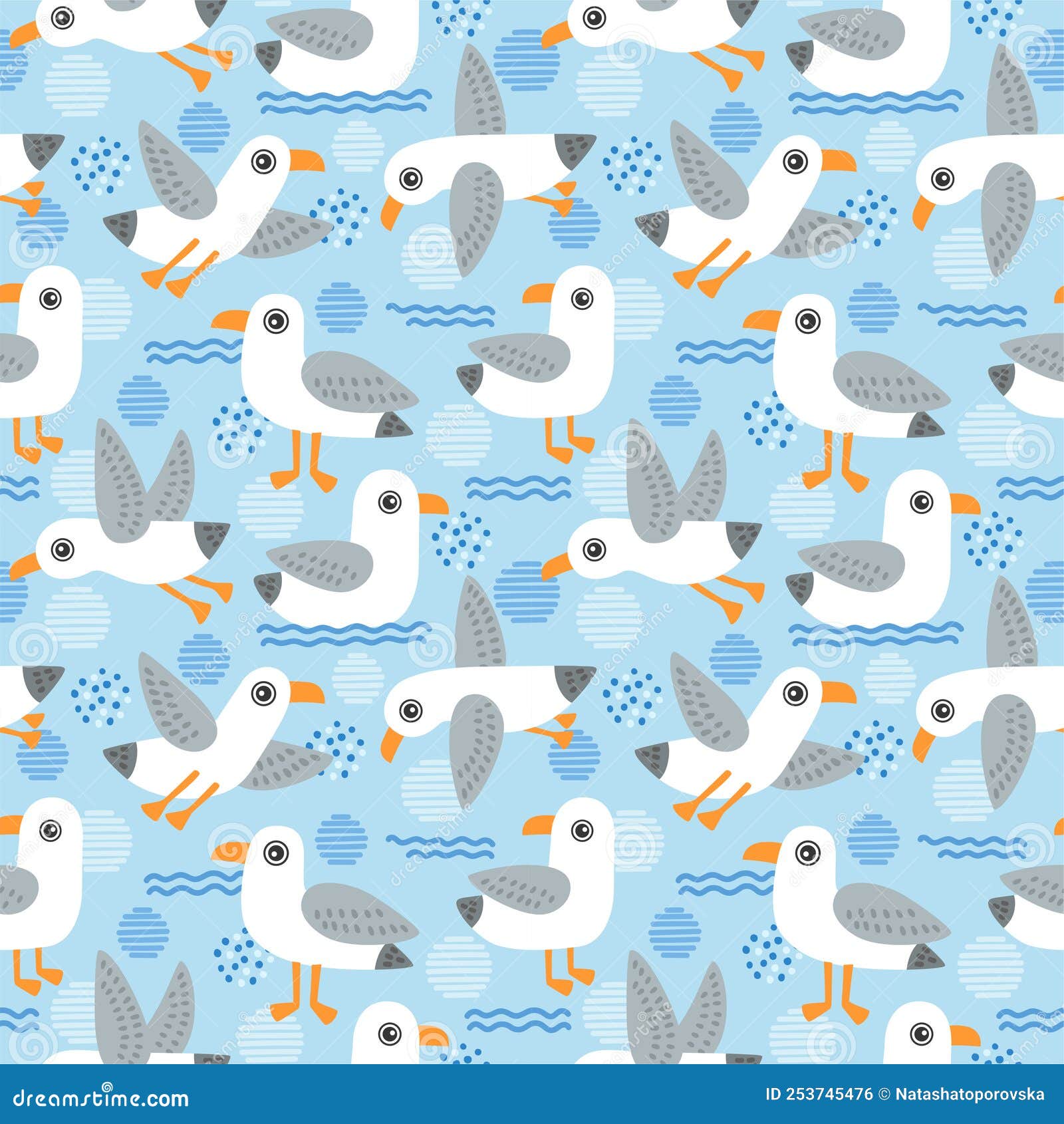 Vector Seamless Pattern with Cute Seagulls on a Blue Background with ...