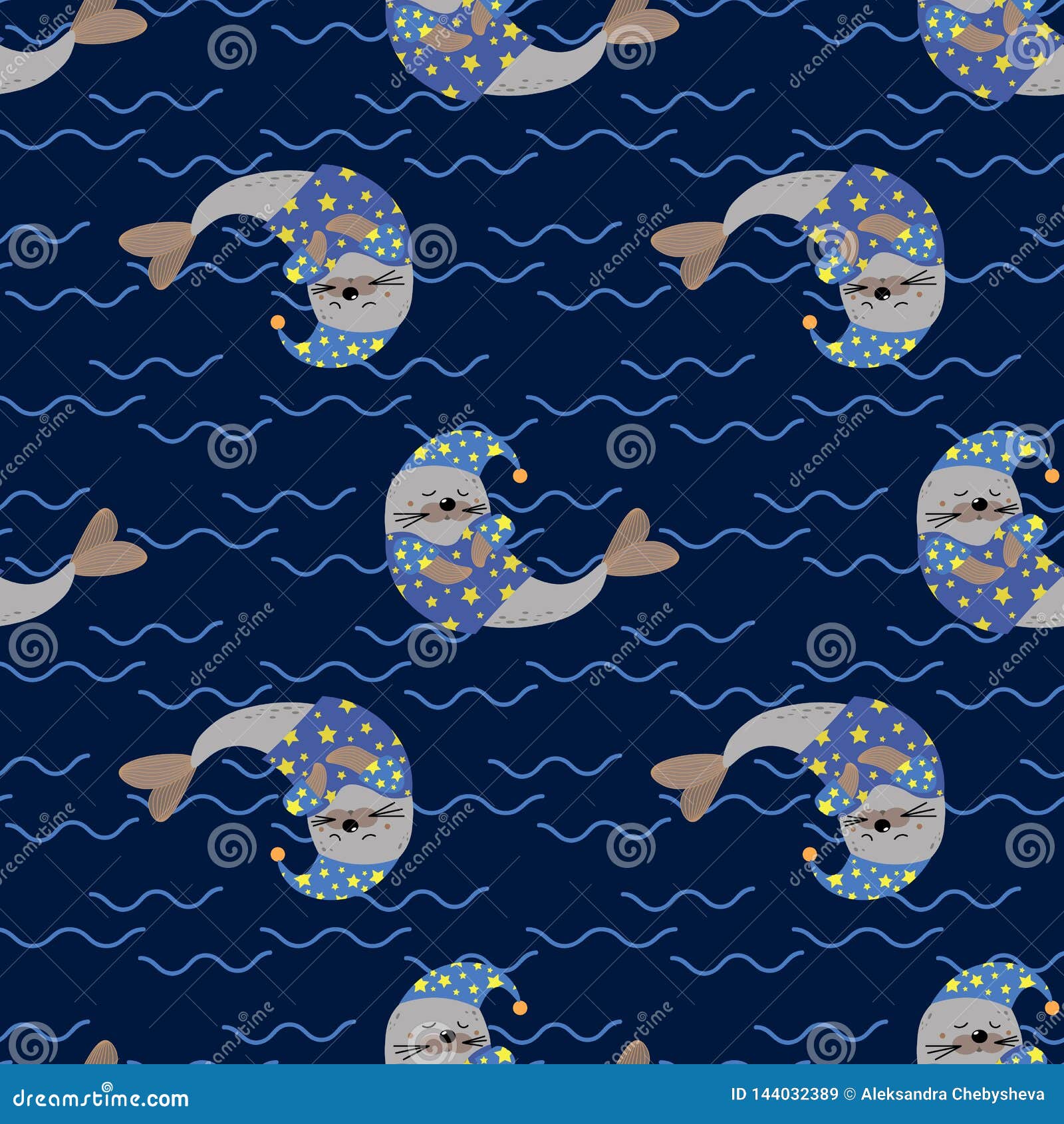 Vector Seamless Pattern with Cute Seal Animal is Sleeping Stock ...