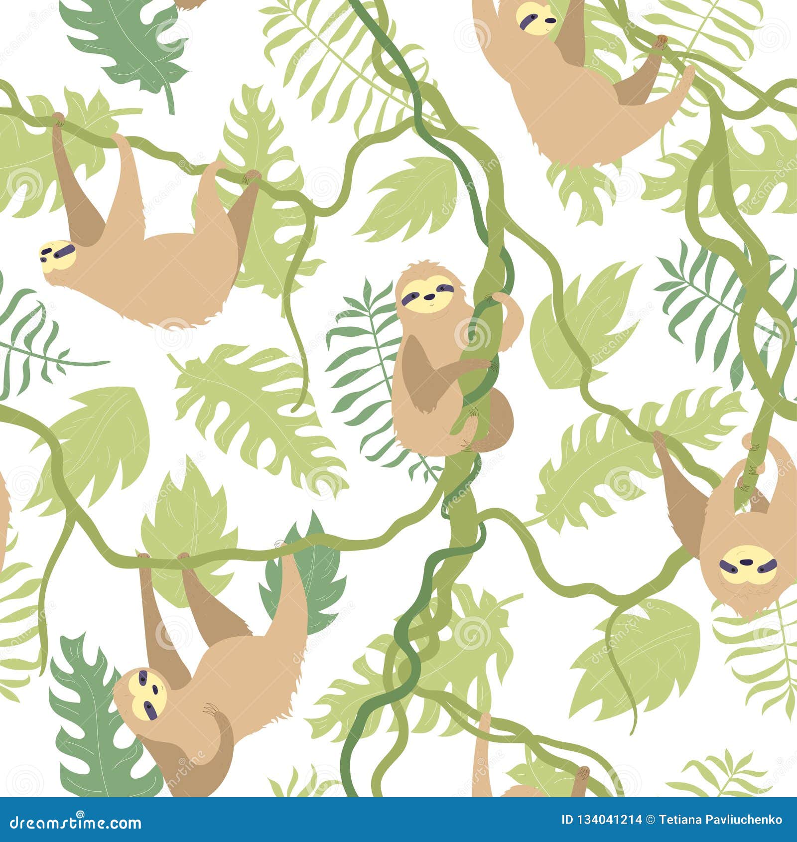 Vector Seamless Pattern with Cute Sloth Stock Vector - Illustration of ...