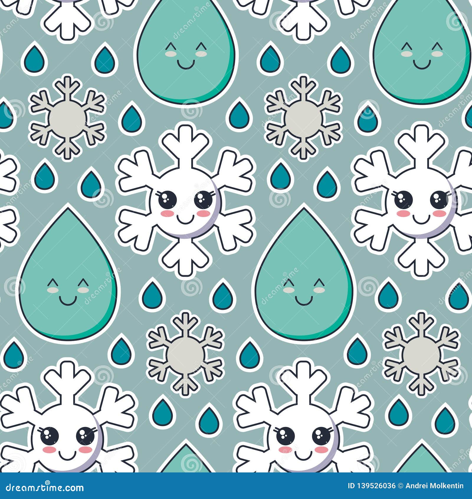 Vector Seamless Pattern with Cute Smiling Snowflake, Rain Drop Faces ...