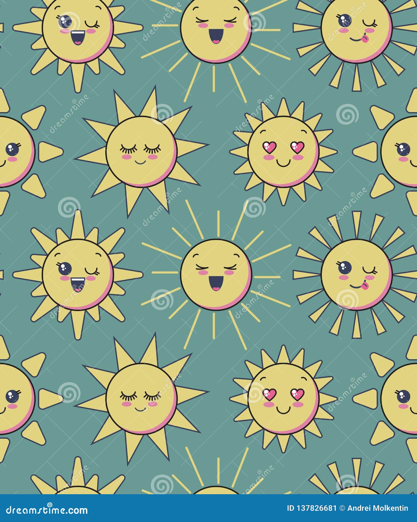 Vector Seamless Pattern with Cute Smiling Sun Faces. Stock Vector ...