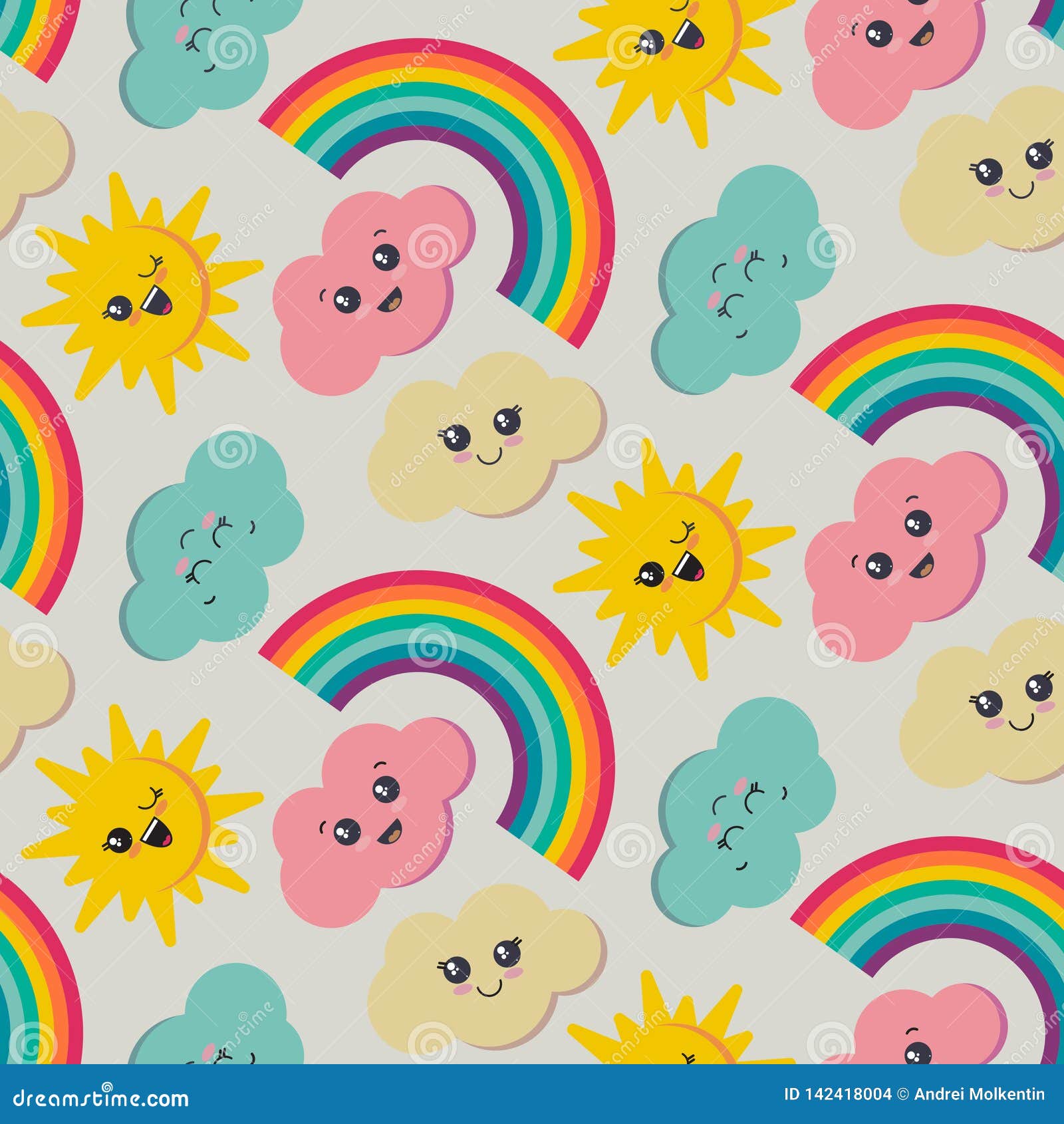 Vector Seamless Pattern with Cute Smiling Sun, Rainbow, Cloud Stock ...