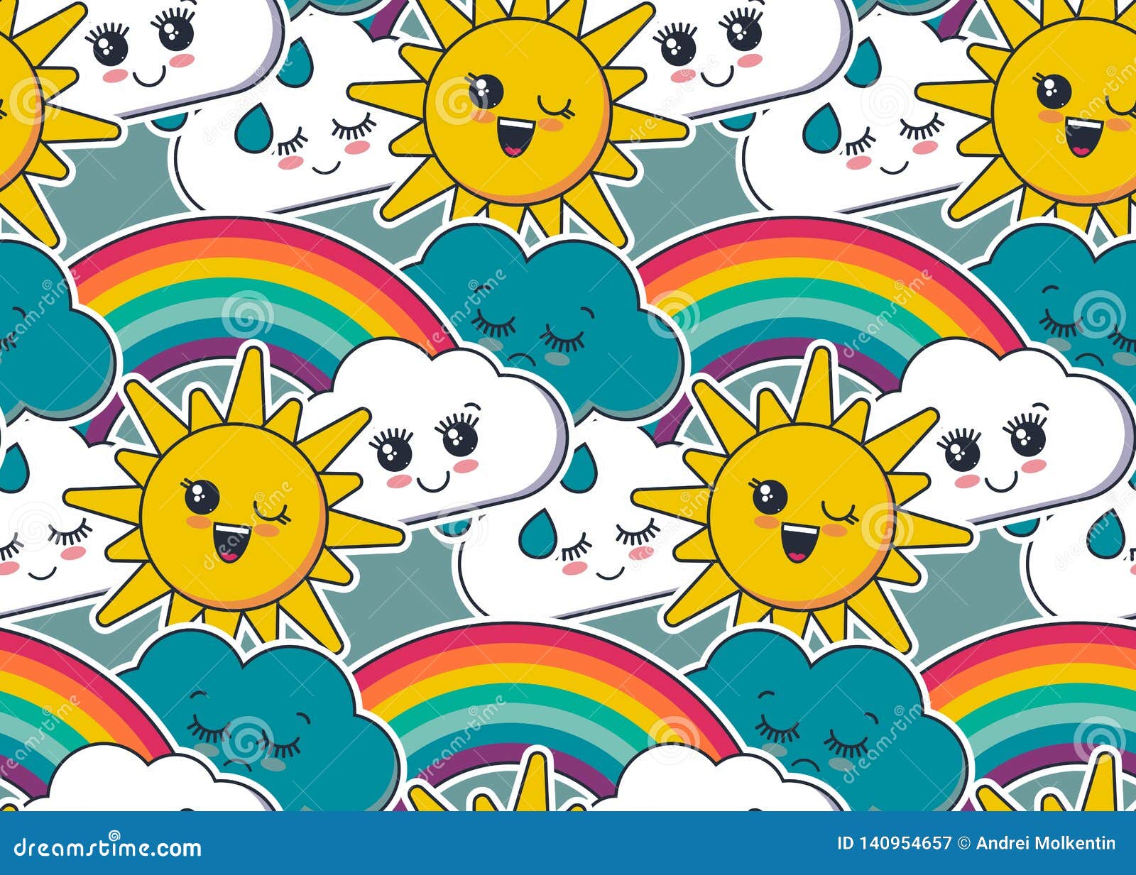 Vector Seamless Pattern with Cute Smiling Sun, Rainbow, Cloud, Rain ...