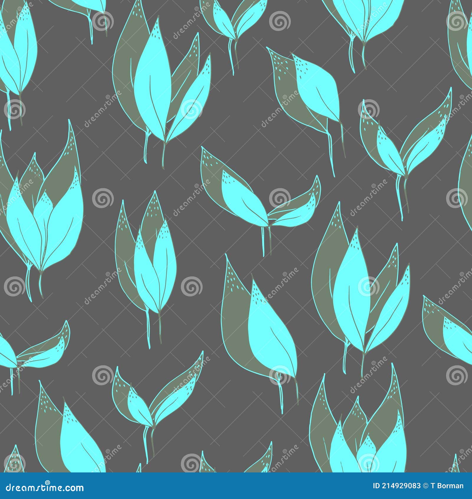 Vector Seamless Pattern of Cyan Leaves with Grey Shadow on Background ...