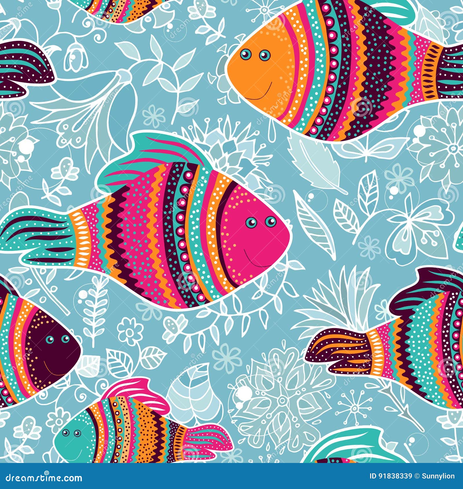Vector Seamless Pattern with Decorative Fishes. Colorful Sea Backdrop ...