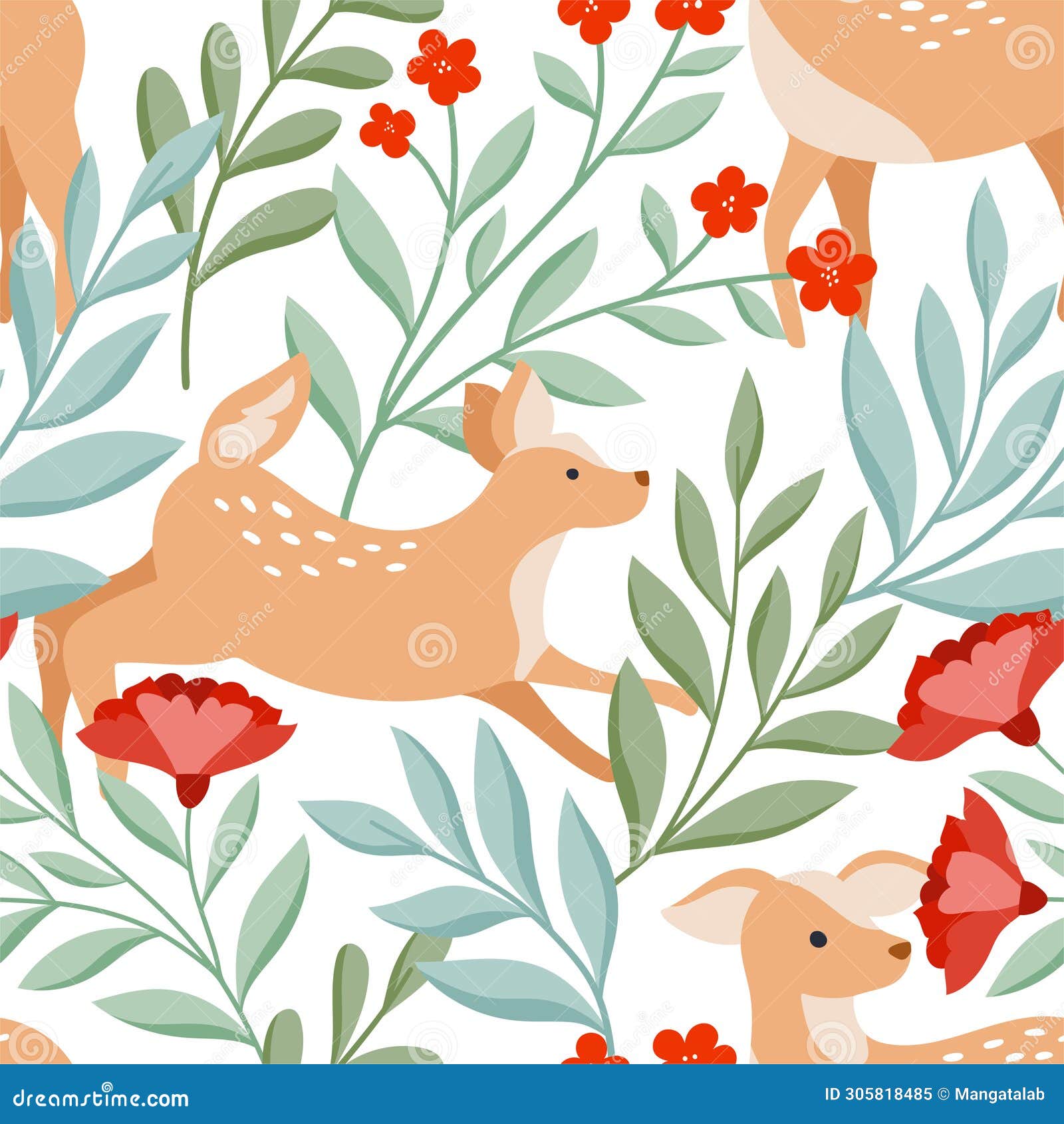 Vector Seamless Pattern with Deer and Botanical Elements. Stock Vector ...