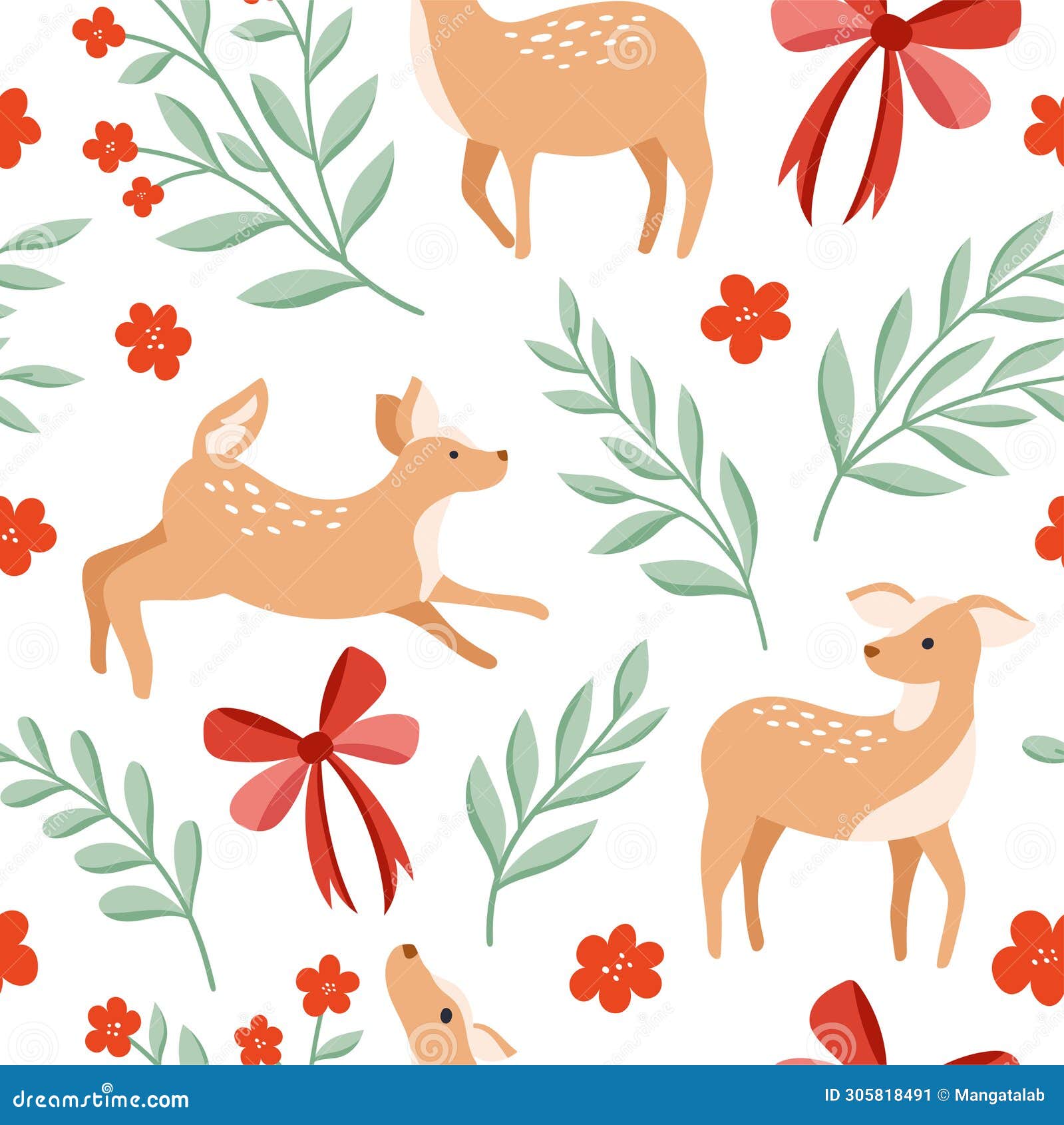 Vector Seamless Pattern with Deer and Botanical Elements. Stock ...