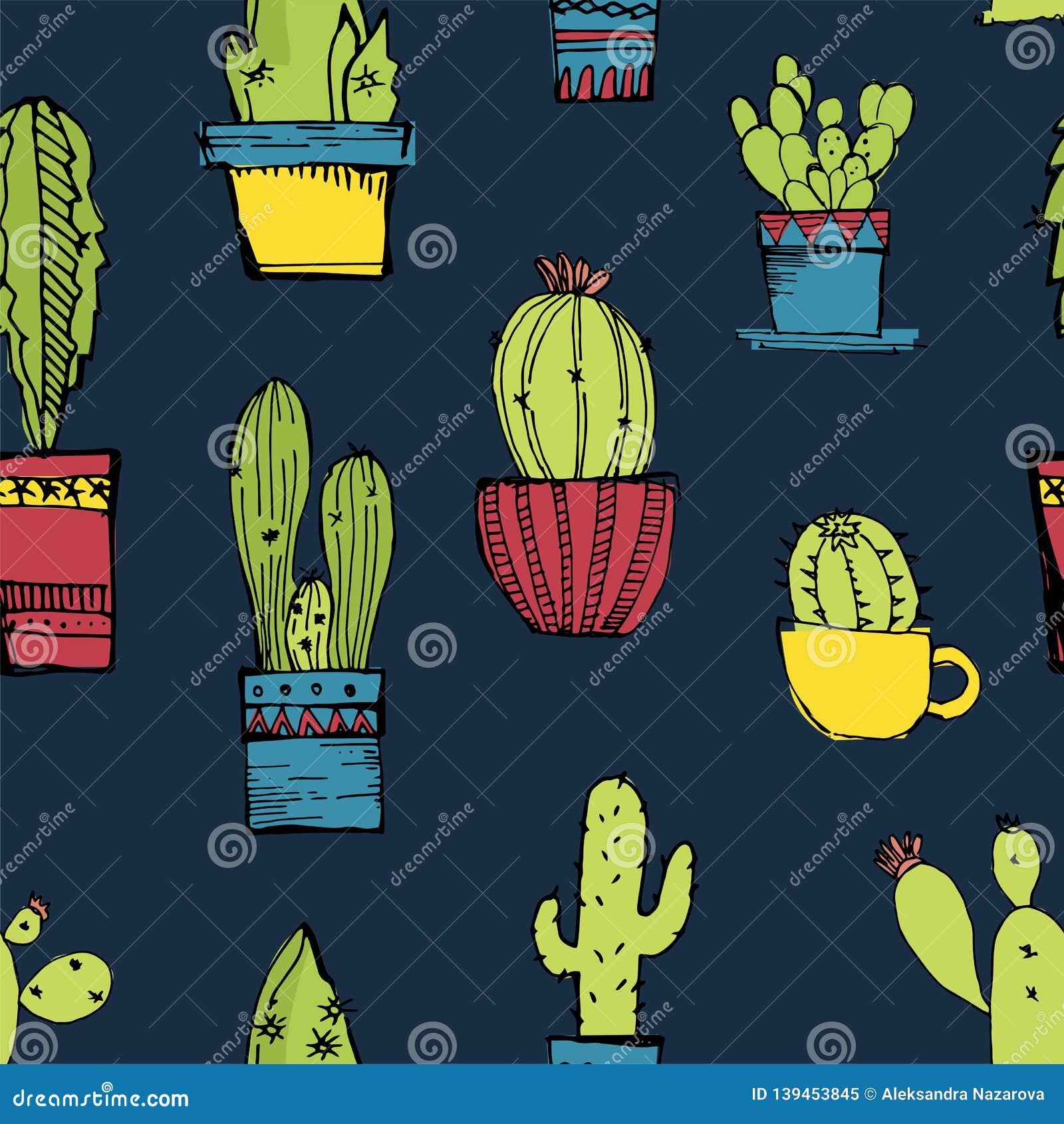 Vector Seamless Pattern with Different Cactus. Bright Repeated Texture ...