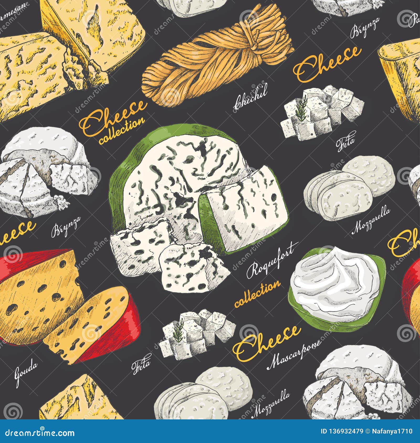 Vector Seamless Pattern with Different Color Cheeses in Sketch Style ...