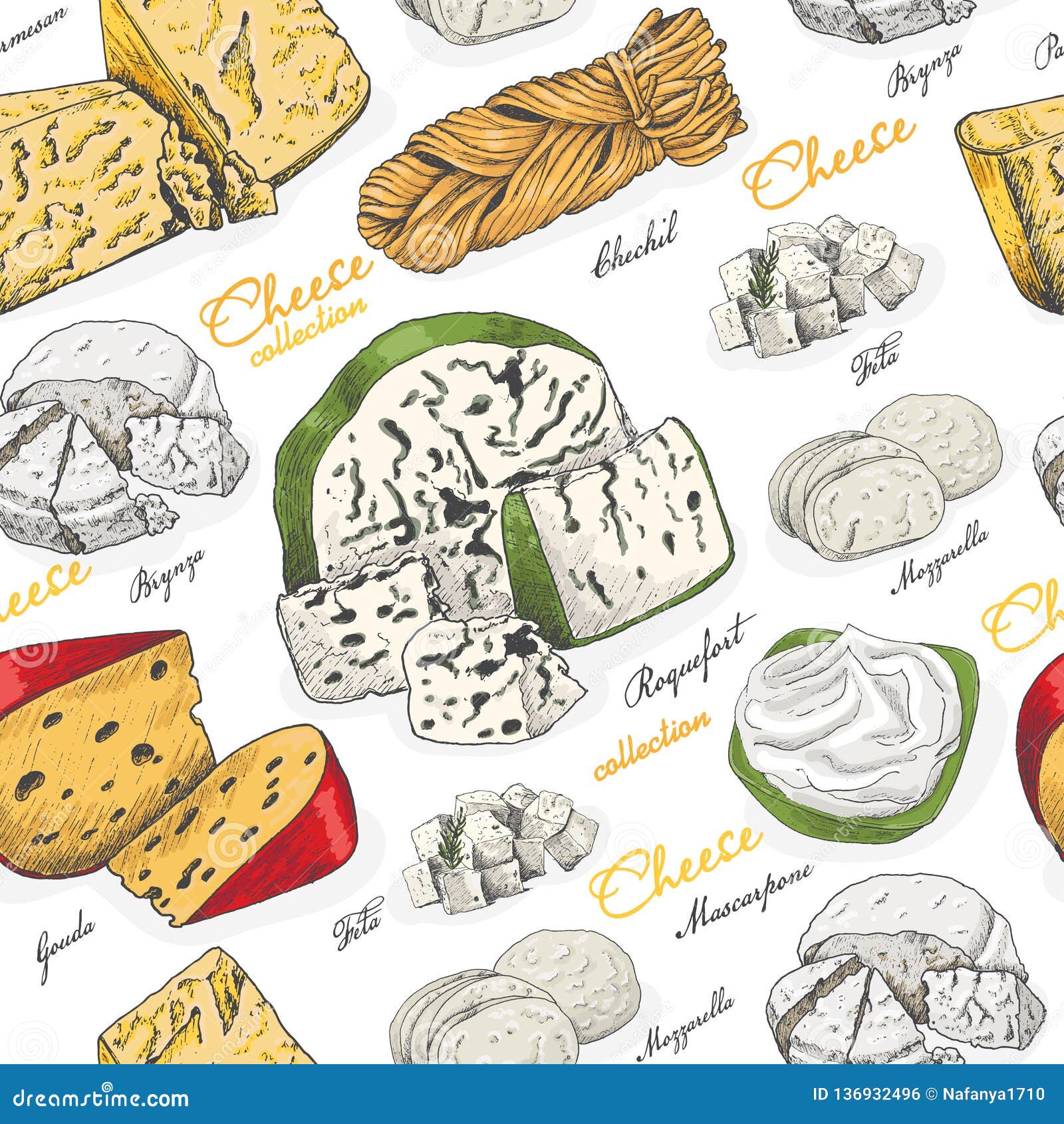 Vector Seamless Pattern With Different Color Cheeses In Sketch Style ...