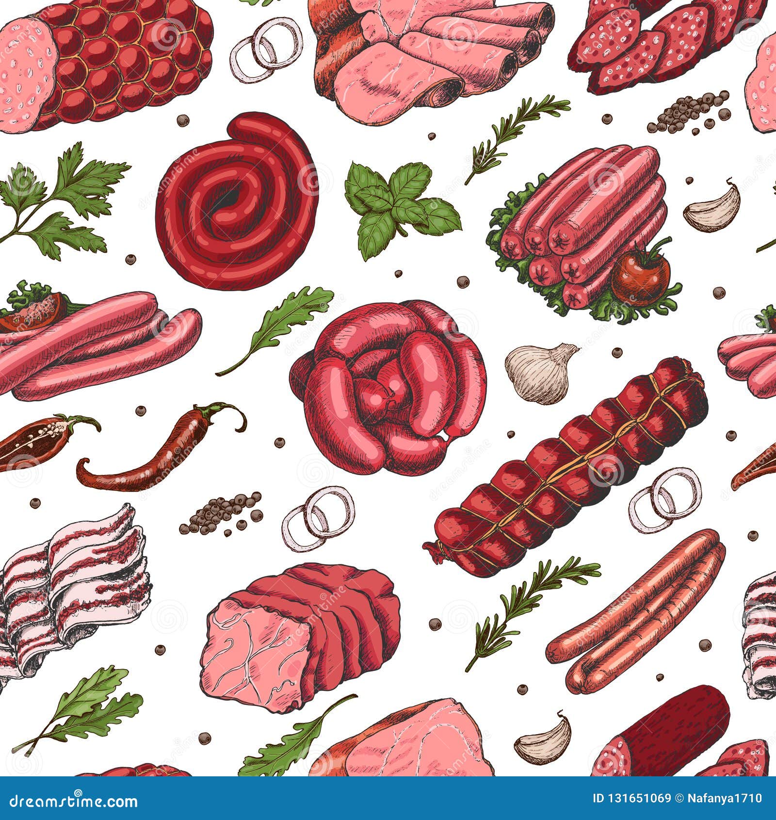 Vector Seamless Pattern with Different Color Meat Products in Sketch ...