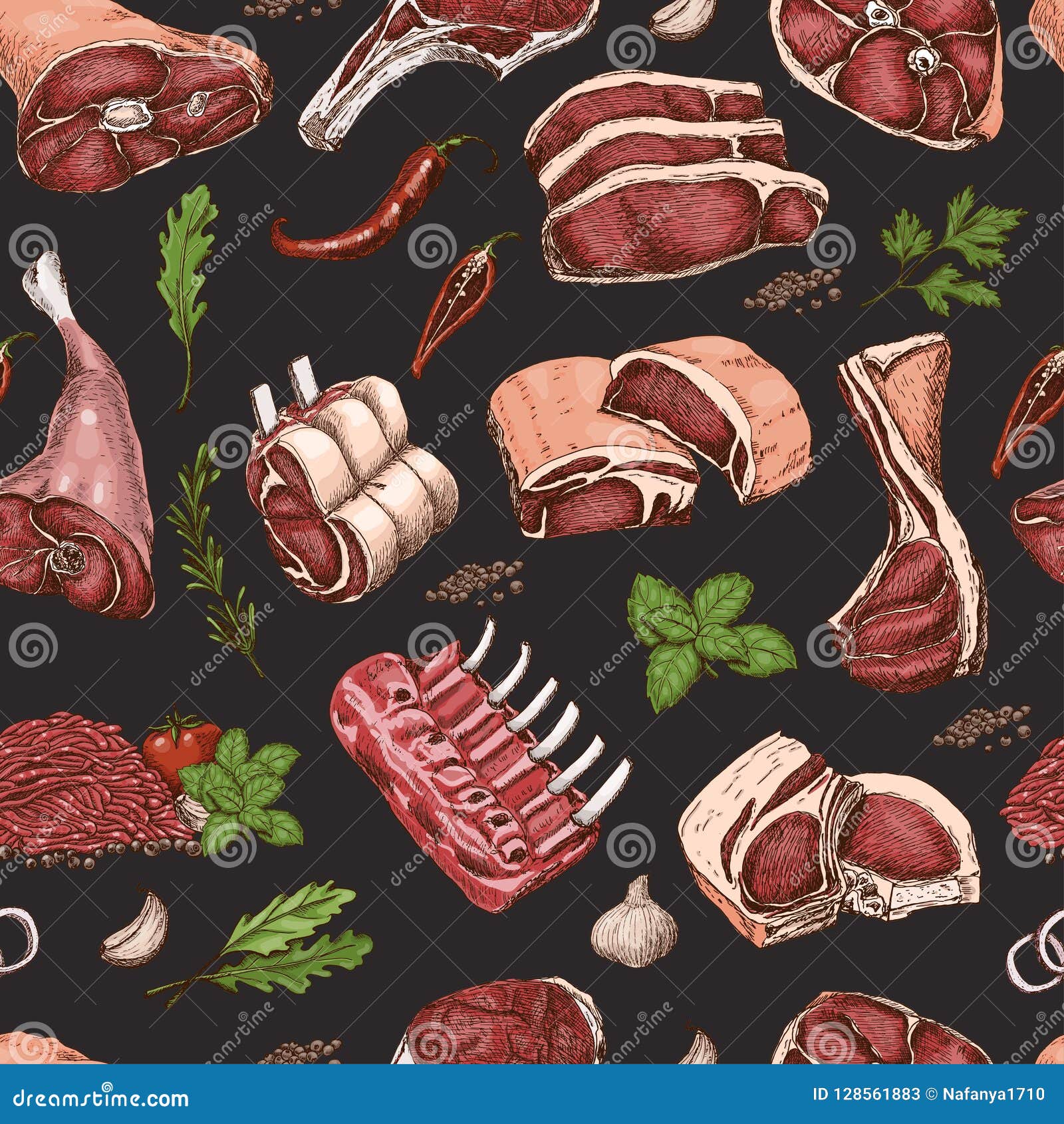 Vector Seamless Pattern with Different Color Meats in Sketch Style ...