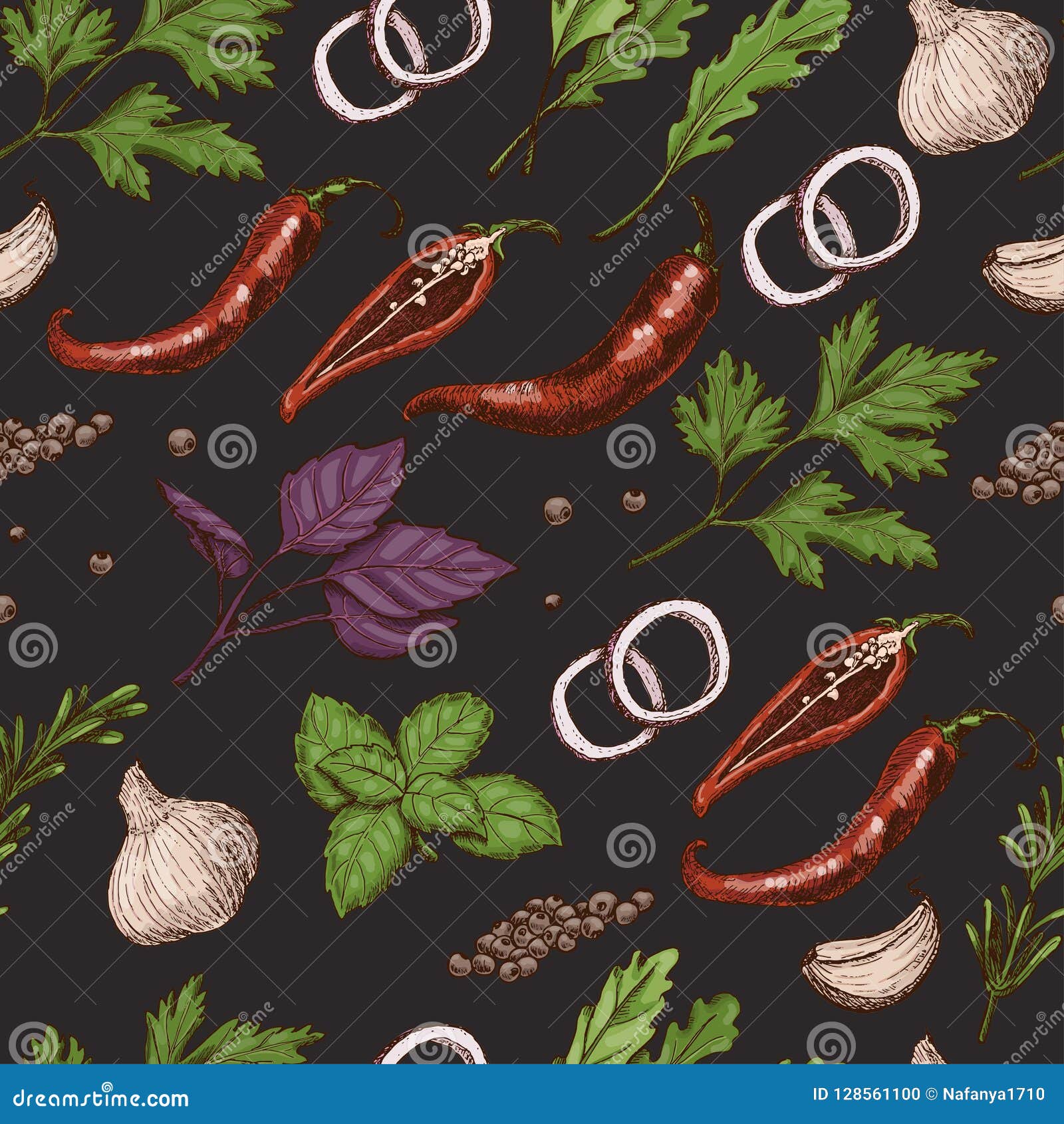 Vector Seamless Pattern with Different Color Spices and Herbs in Sketch ...