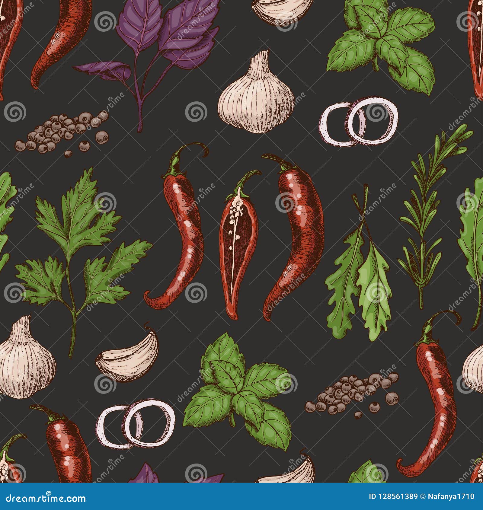 Vector Seamless Pattern with Different Color Spices and Herbs in Sketch ...