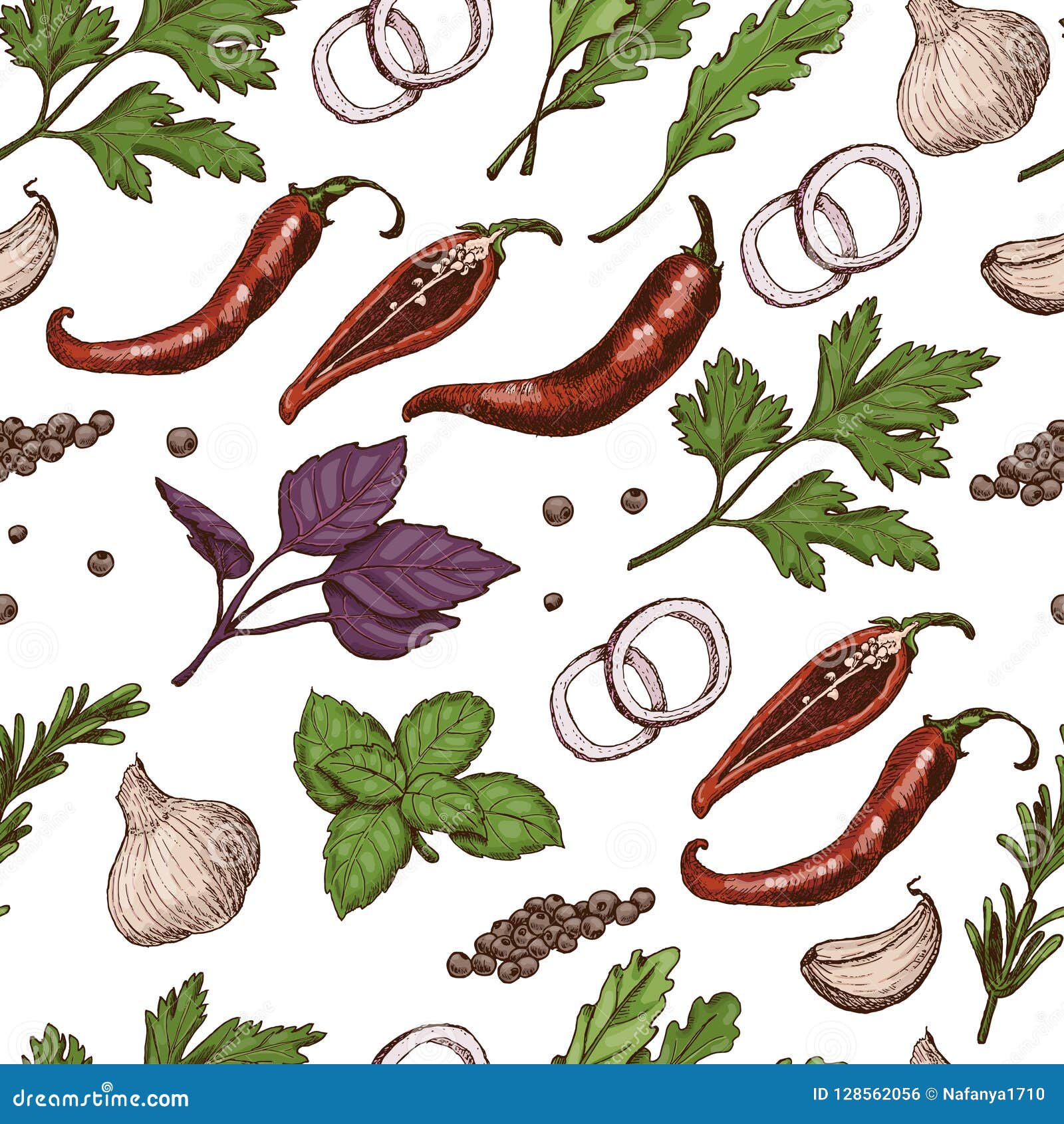 Vector Seamless Pattern with Different Color Spices and Herbs in Sketch ...