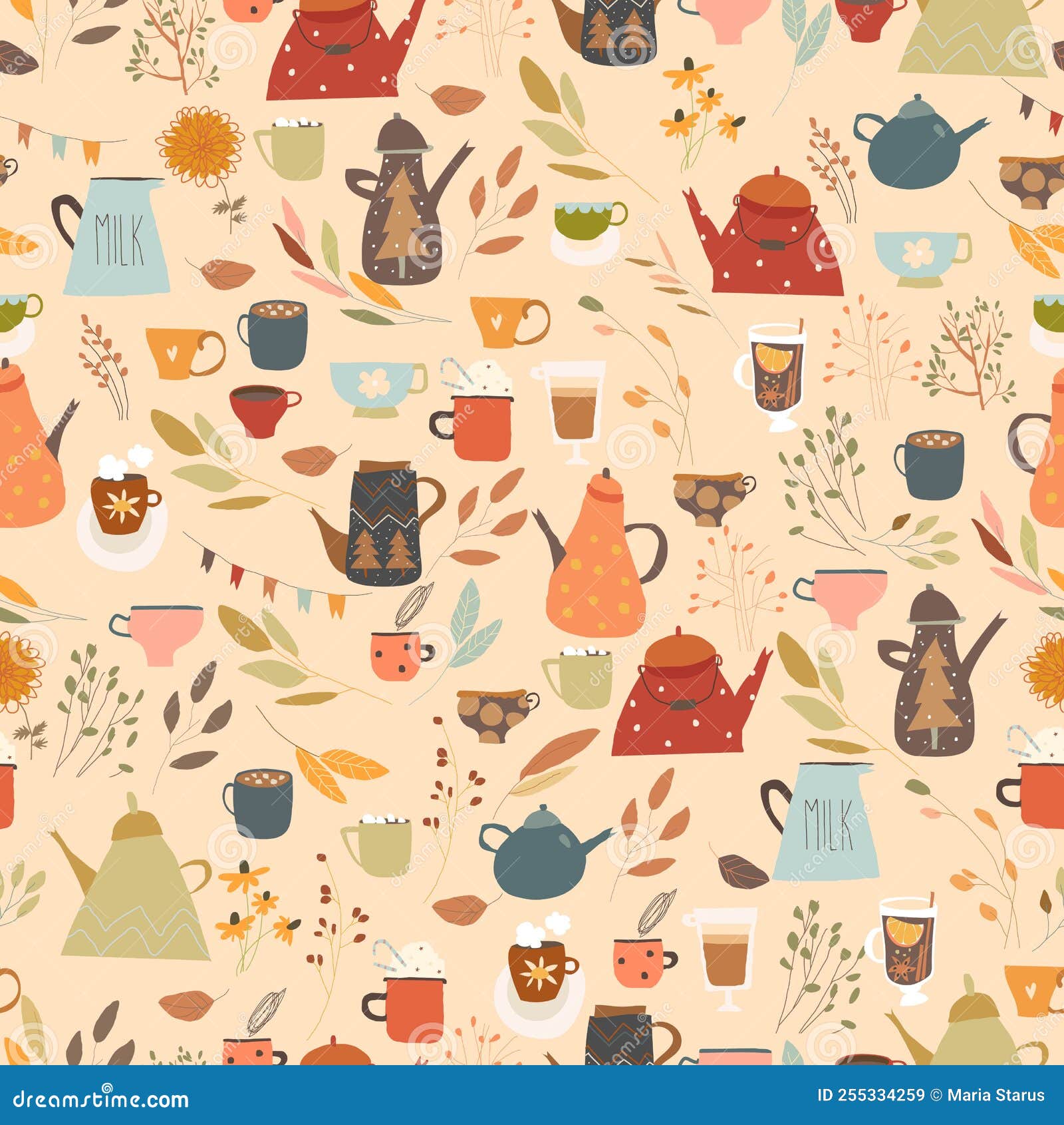 Seamless Pattern with Different Cups, Kettles and Autumn Color Leaves ...