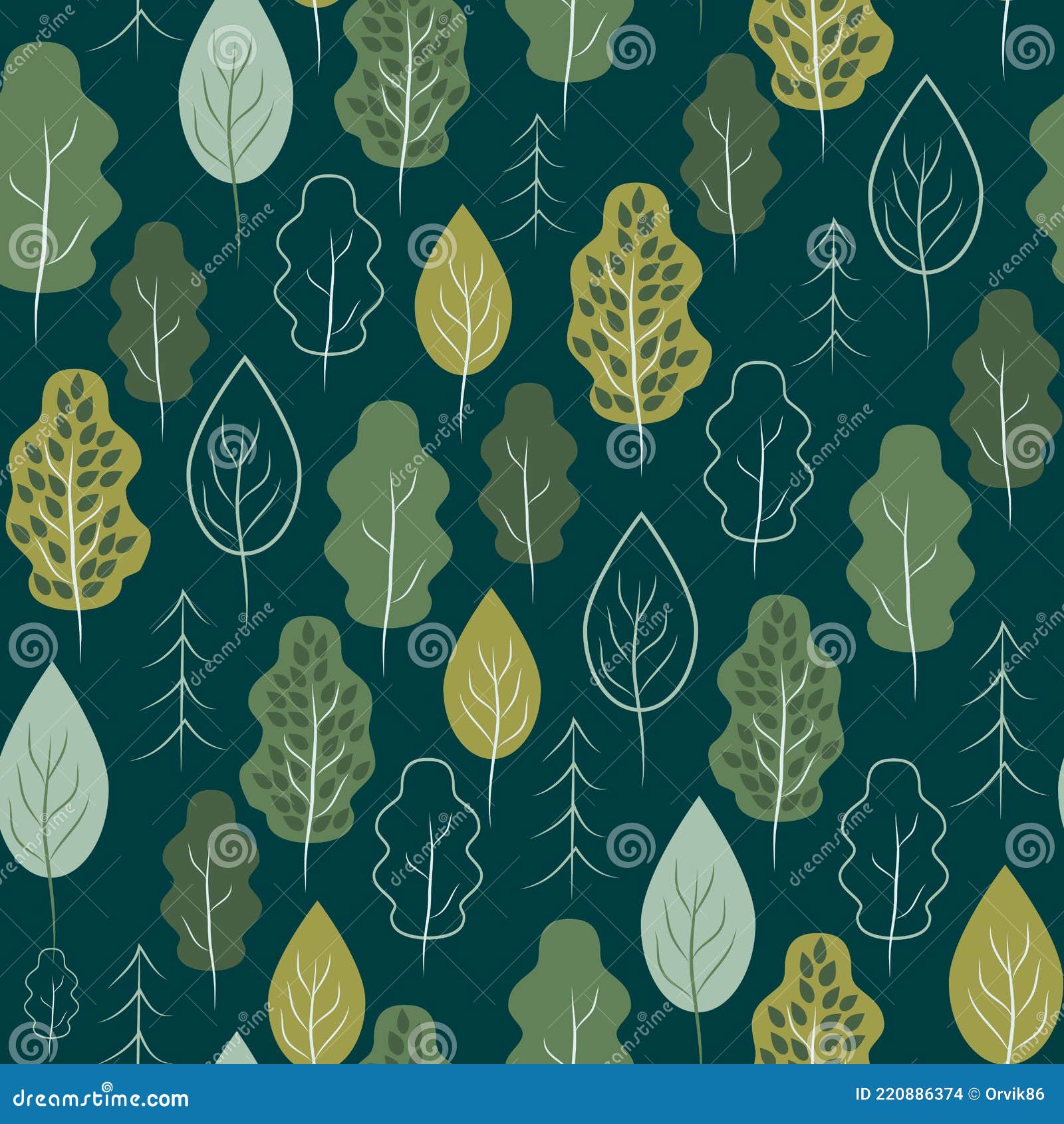 Vector Seamless Pattern with Different Trees in Green Tones on a Dark ...