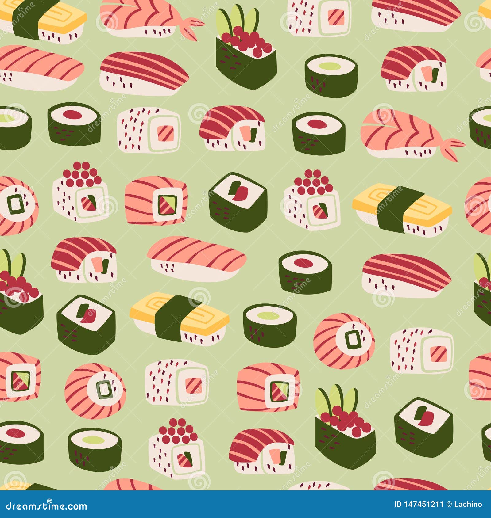 Vector Seamless Pattern with Different Types of Sushi and Rolls Stock ...