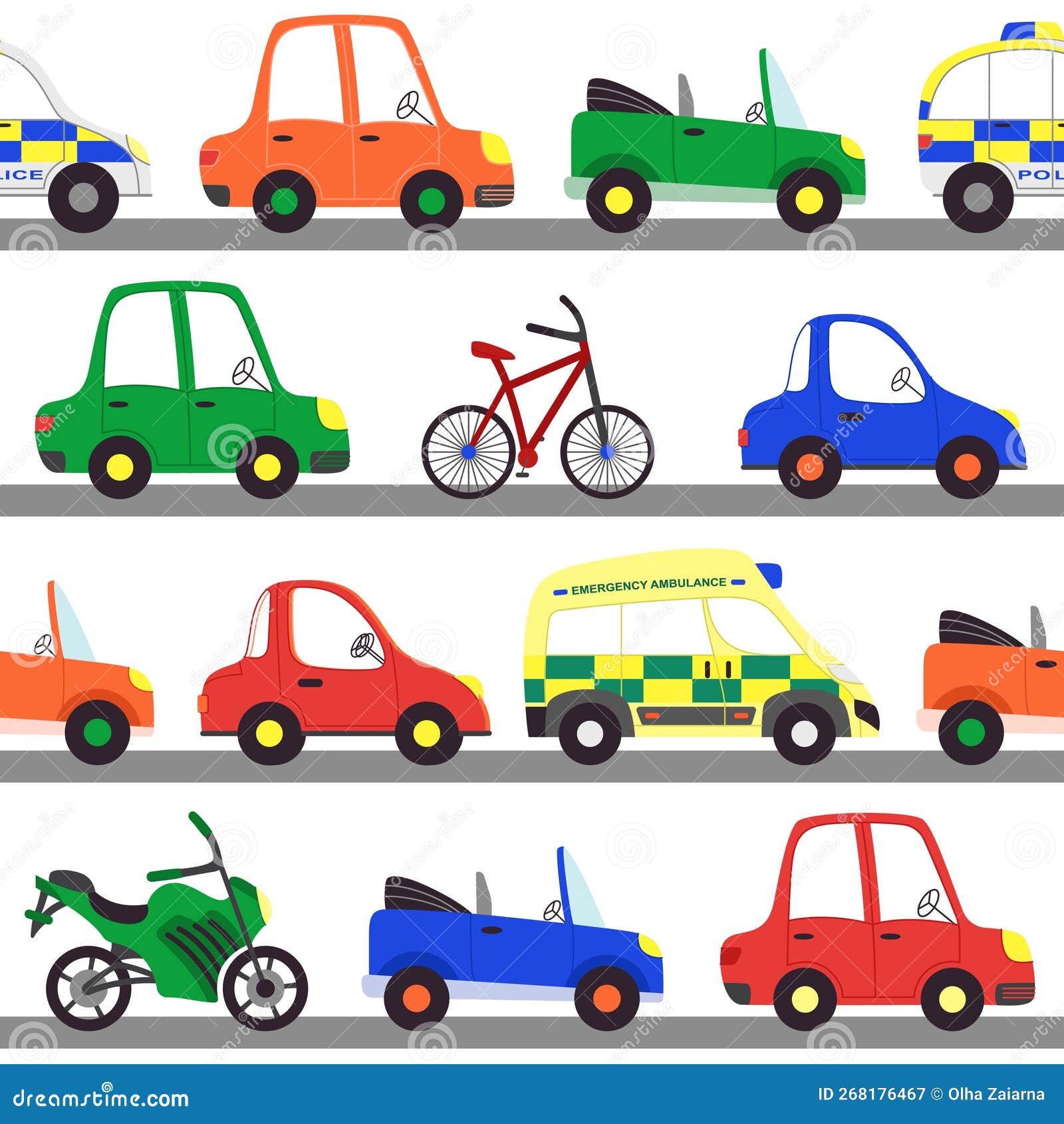 Vector Seamless Pattern with Different Vehicles. Bright Flat Cars and ...