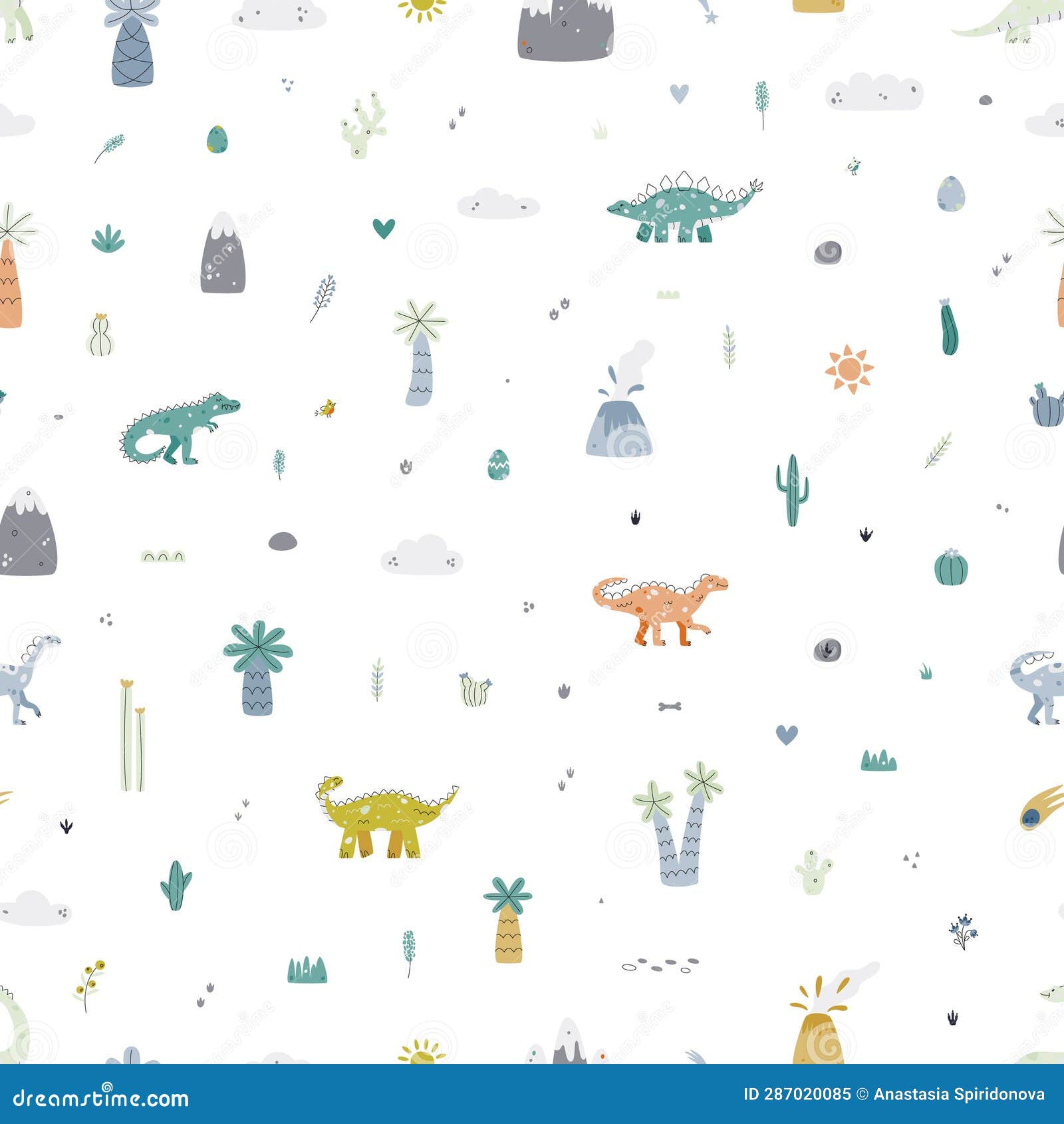 Vector Seamless Pattern with Dinosaur, Mountains, Palm, Grass, Volcano ...