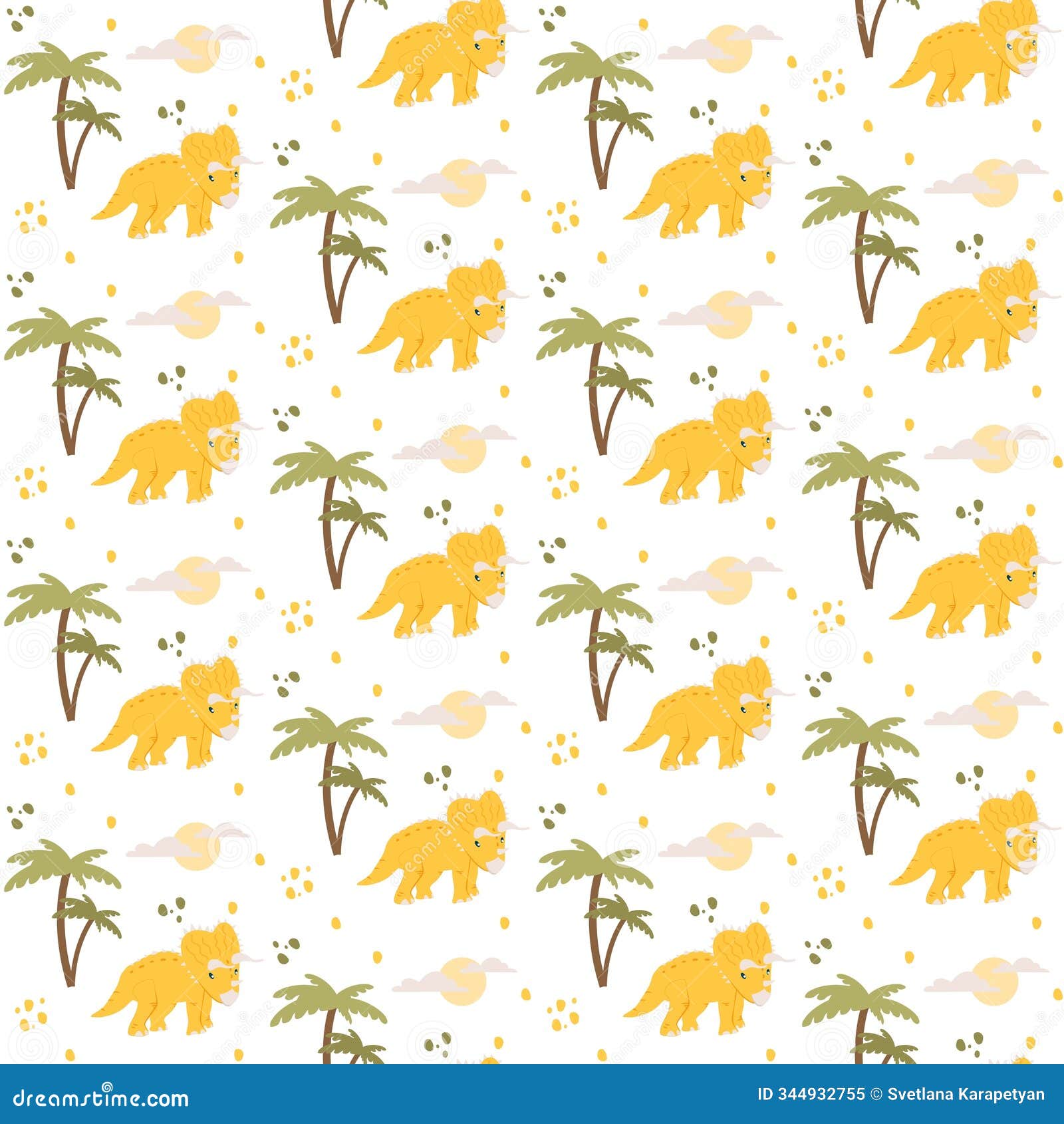 Vector Seamless Pattern with Dinosaur Triceratops and Palm Tree, Sun ...