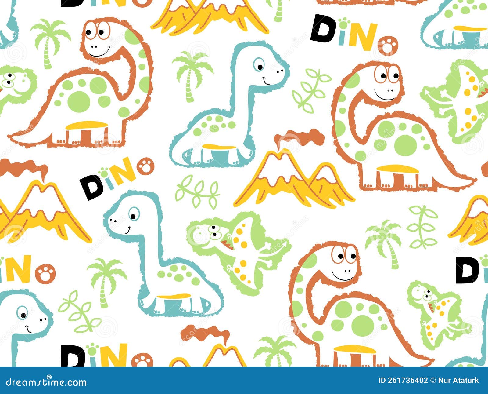 Vector Seamless Pattern of Dinosaurs Cartoon, Prehistoric Elements ...