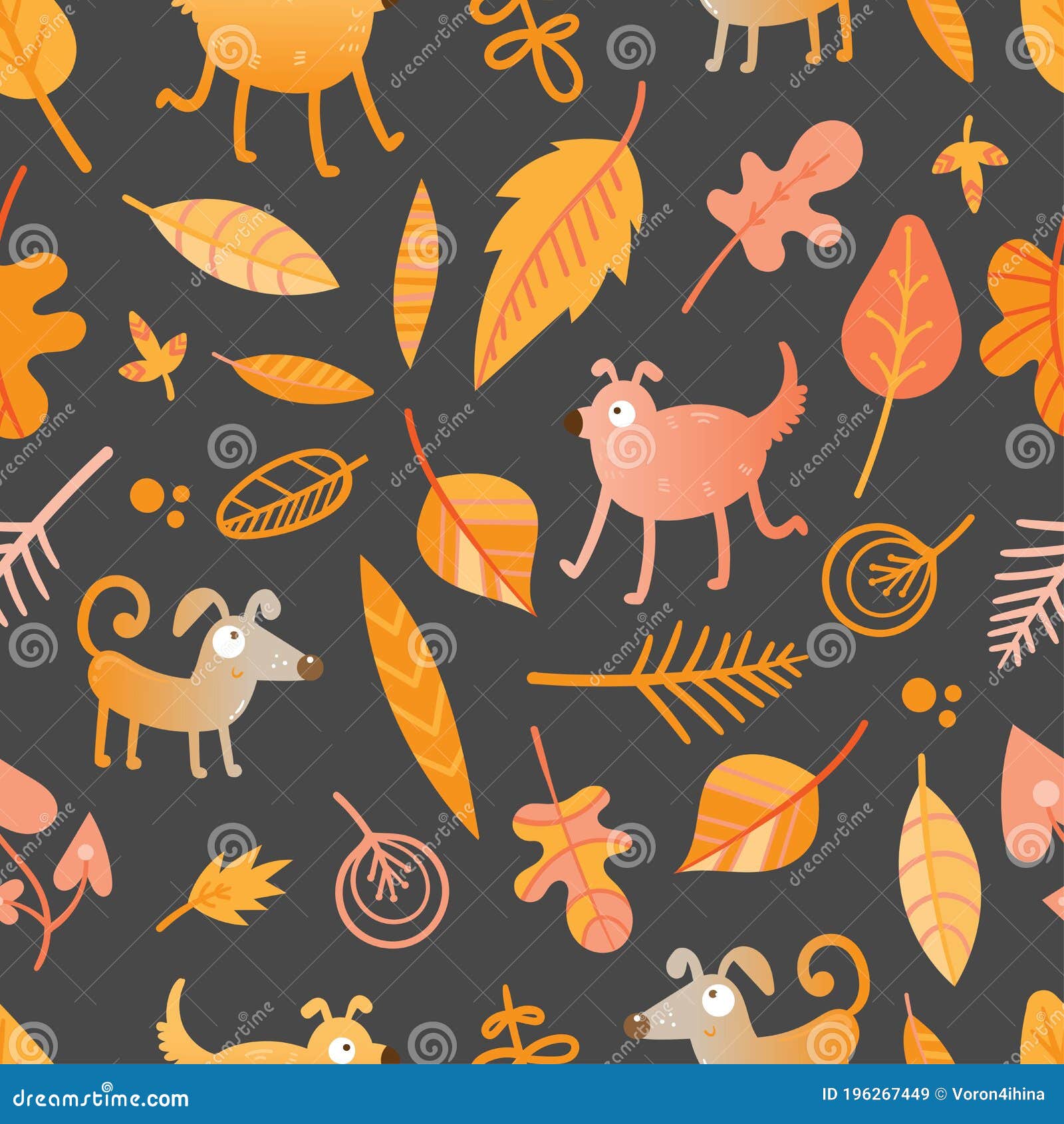 Vector Seamless Pattern with Dogs and Leaves. Stock Vector ...