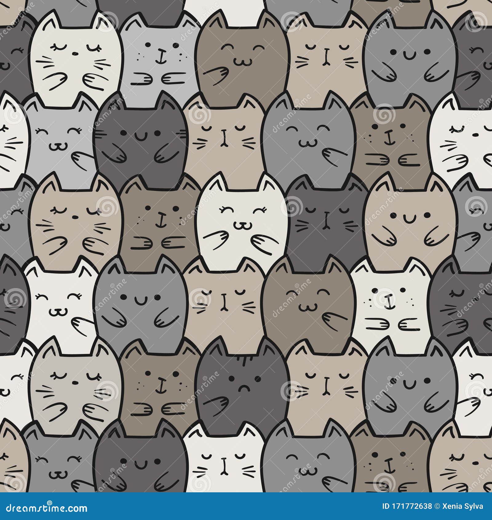 Vector Seamless Pattern with Doodle Cats. Stock Vector - Illustration ...