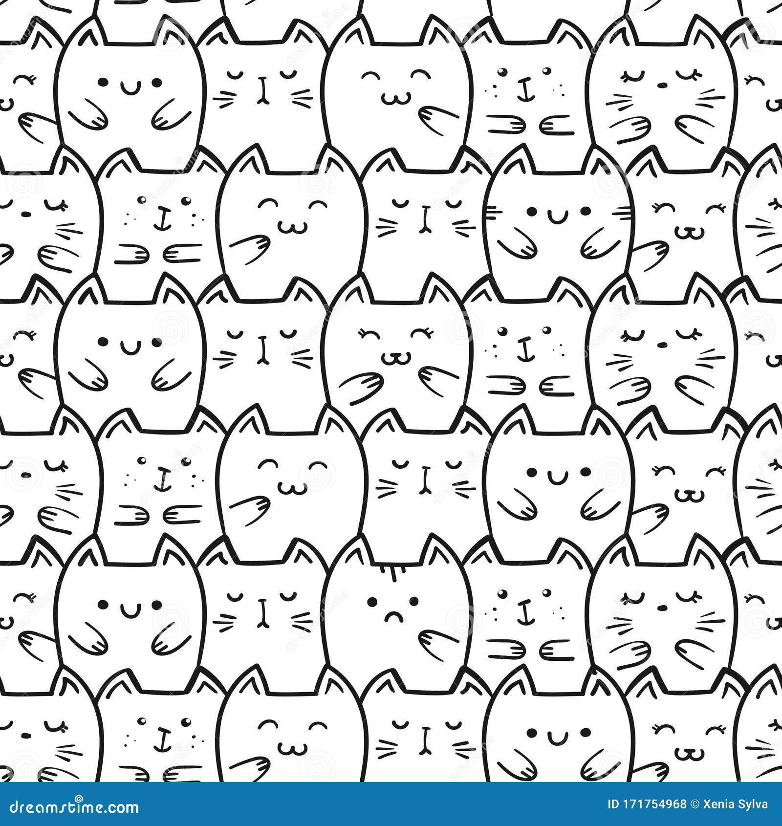 Vector Seamless Pattern with Doodle Cats. Stock Vector - Illustration ...