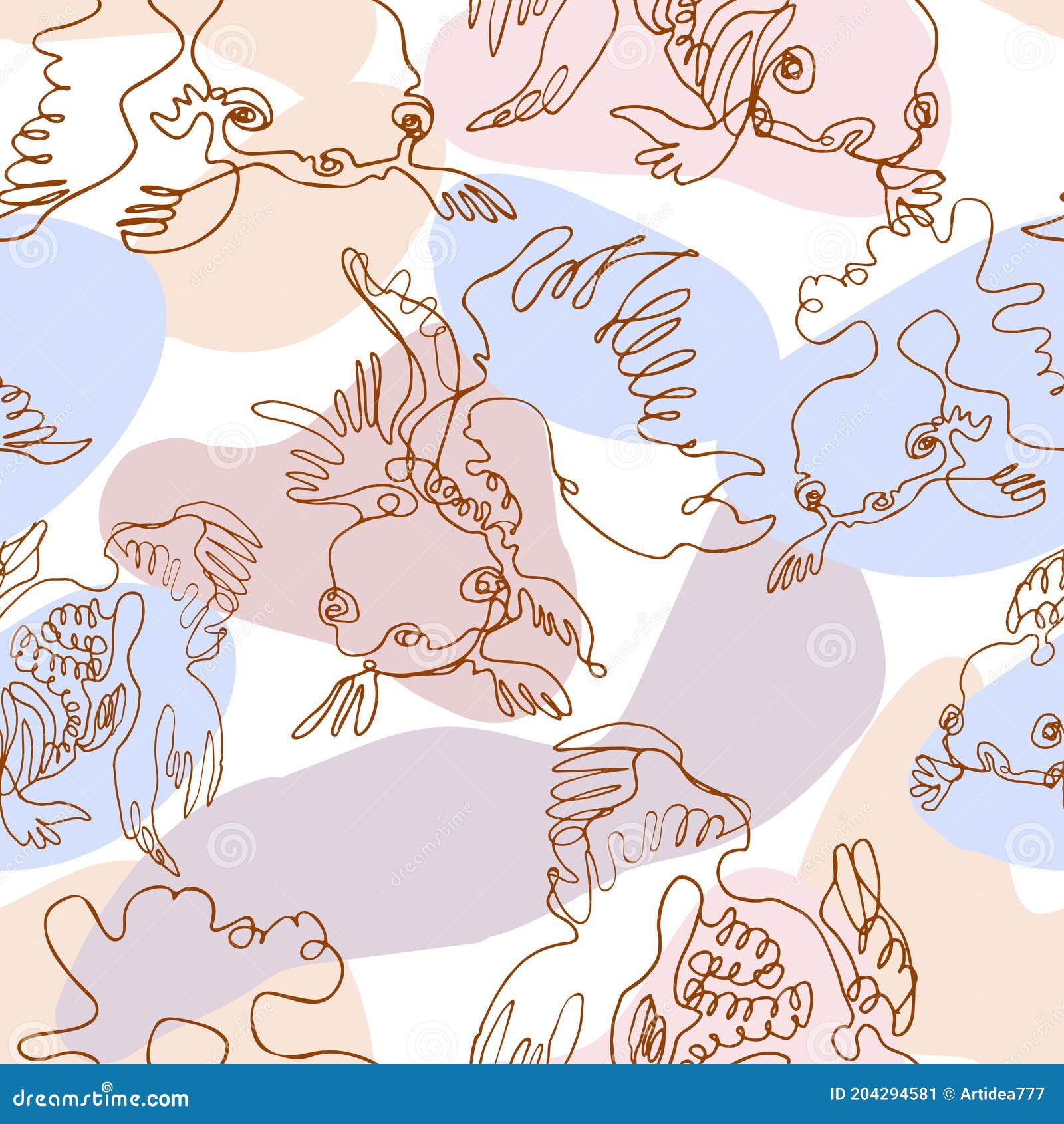 Vector Seamless Pattern Doodle Goldfish of One Long Continuous Line ...