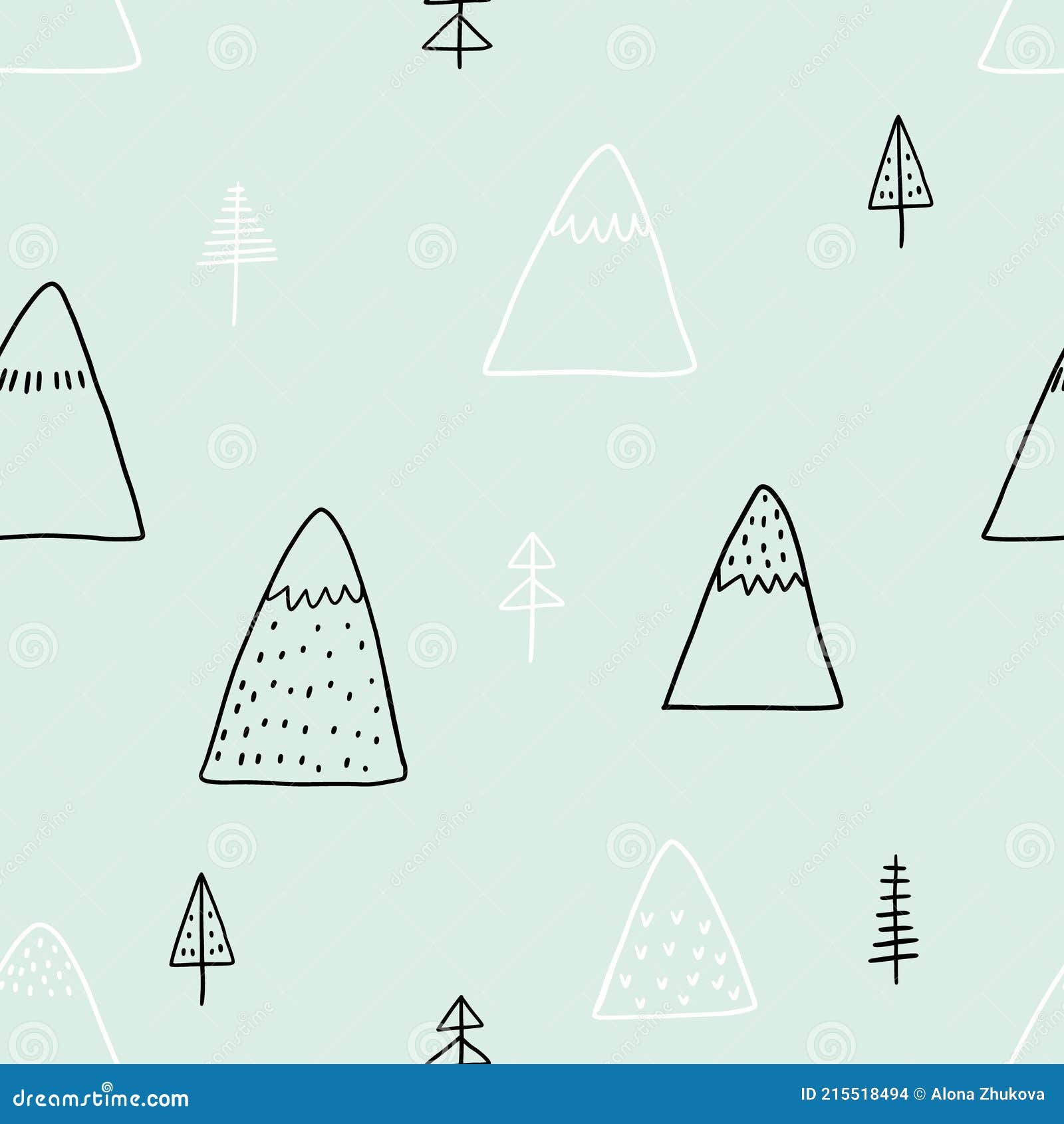 Vector Seamless Pattern with Doodle Cute Mountains and Trees on a Blue ...