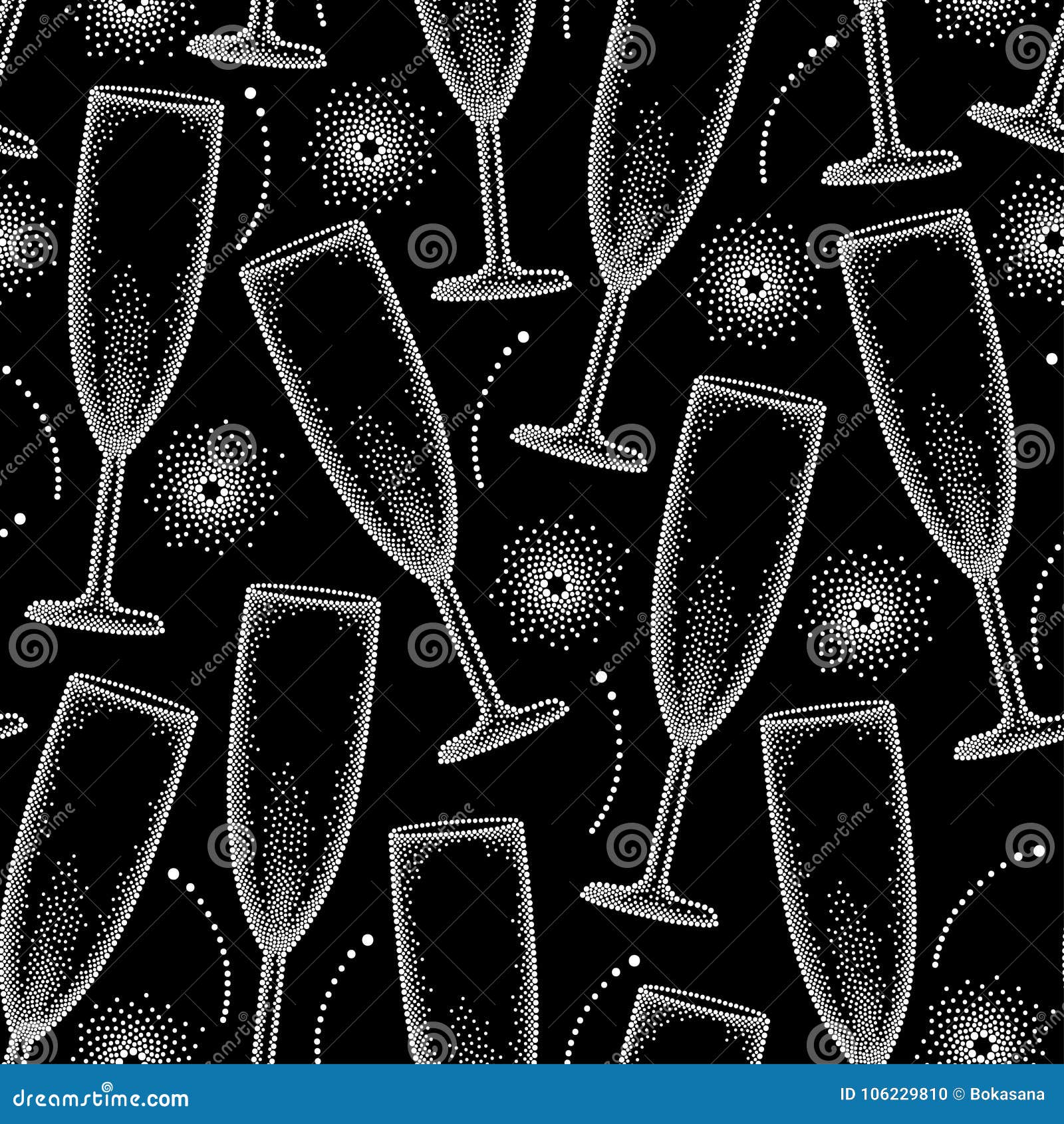 Vector Seamless Pattern with Dotted White Champagne Glass or Flute on the Black Background with ...