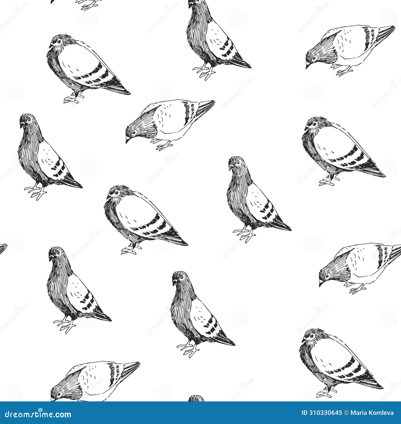 Vector Seamless Pattern with Doves Isolated on White. Hand Drawn ...