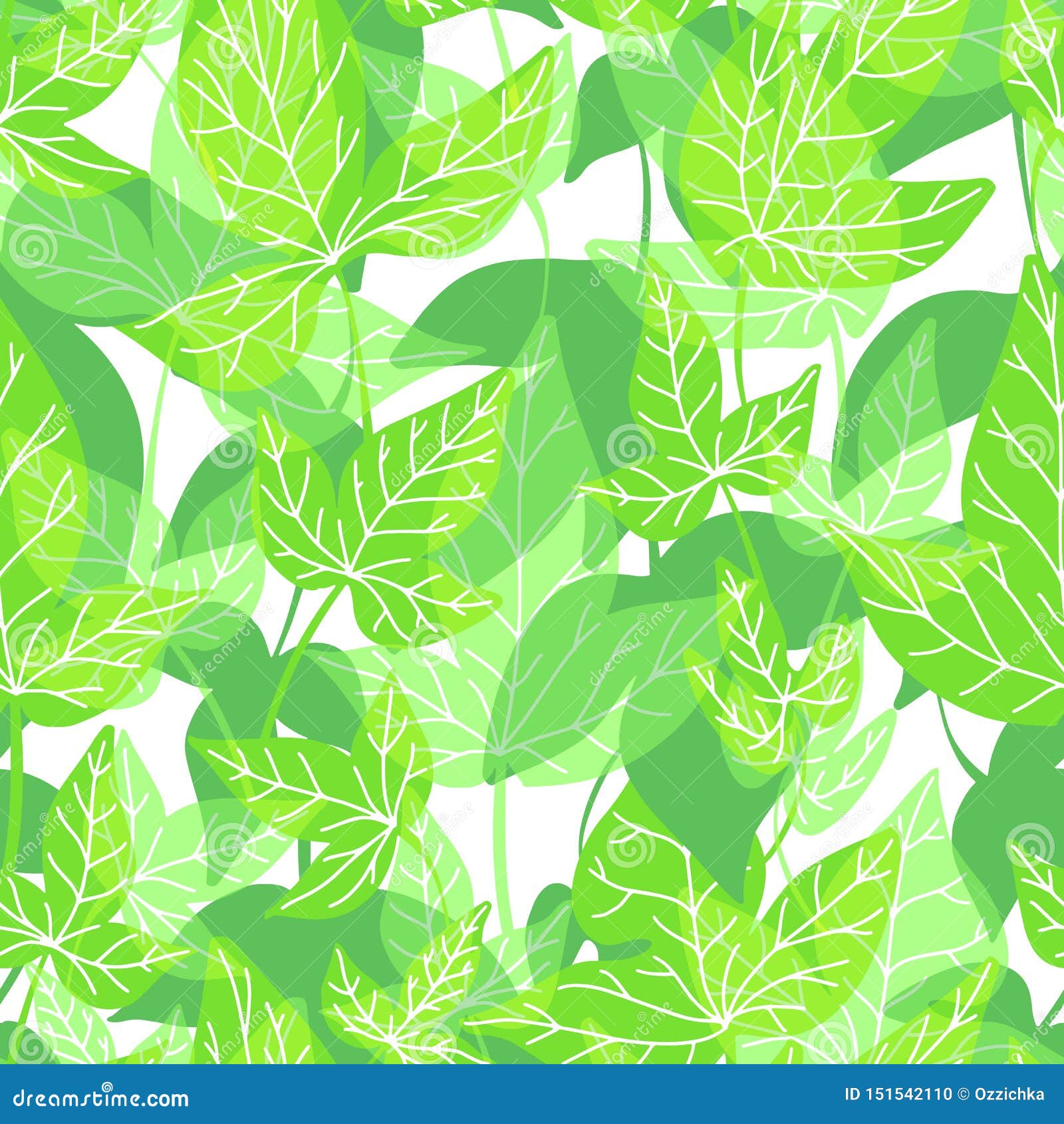 Vector Seamless Pattern with Drawing Green Leaves, Artistic Botanical ...