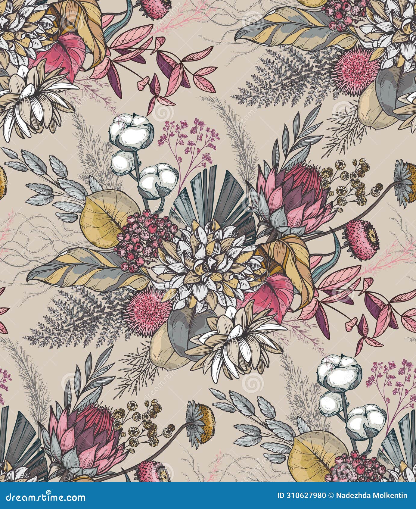 Vector Seamless Pattern with Dried Flowers, Leaves and Branches ...