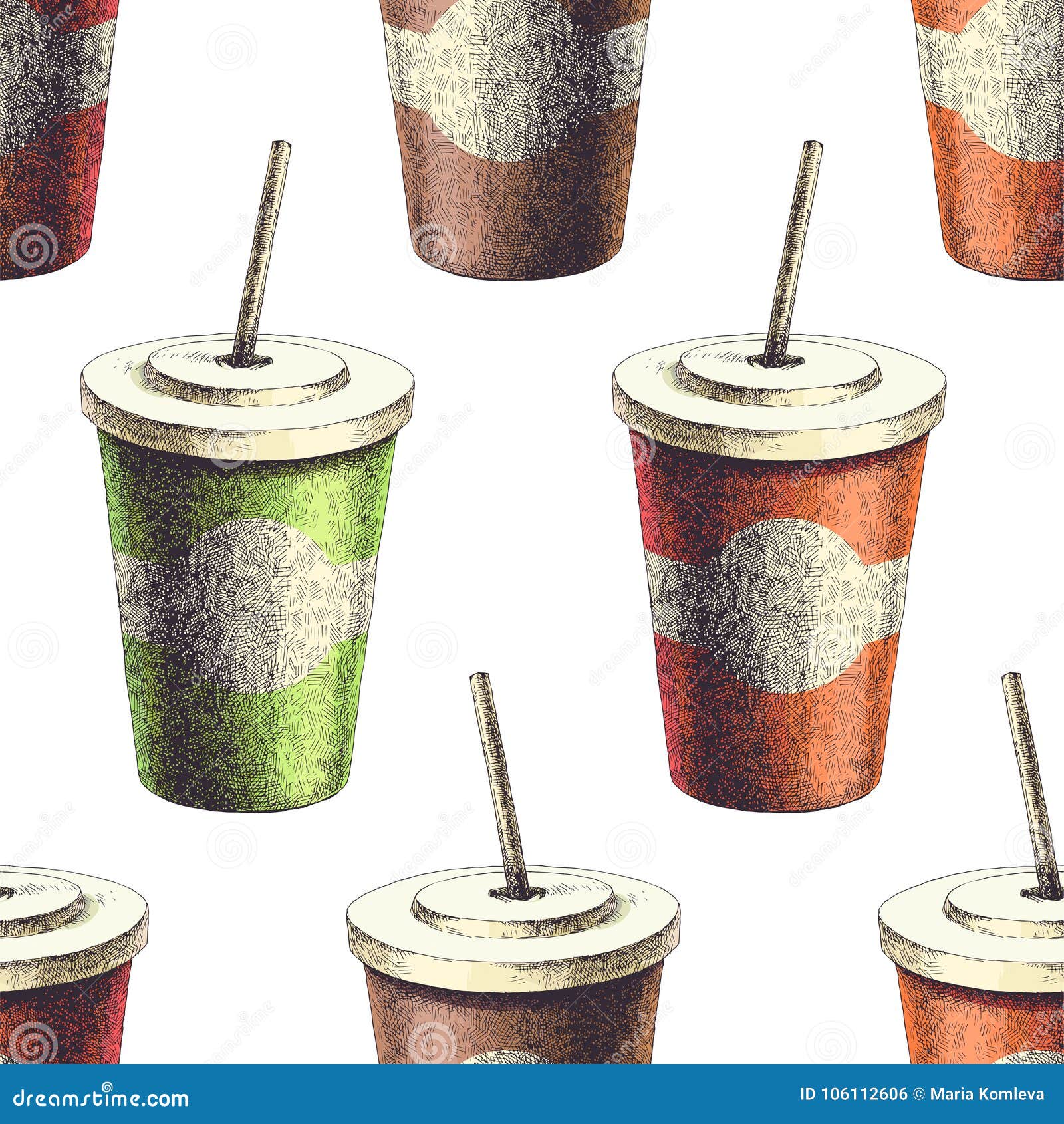 Vector Seamless Pattern with Drink in Paper Cup. Hand Drawn Stock ...