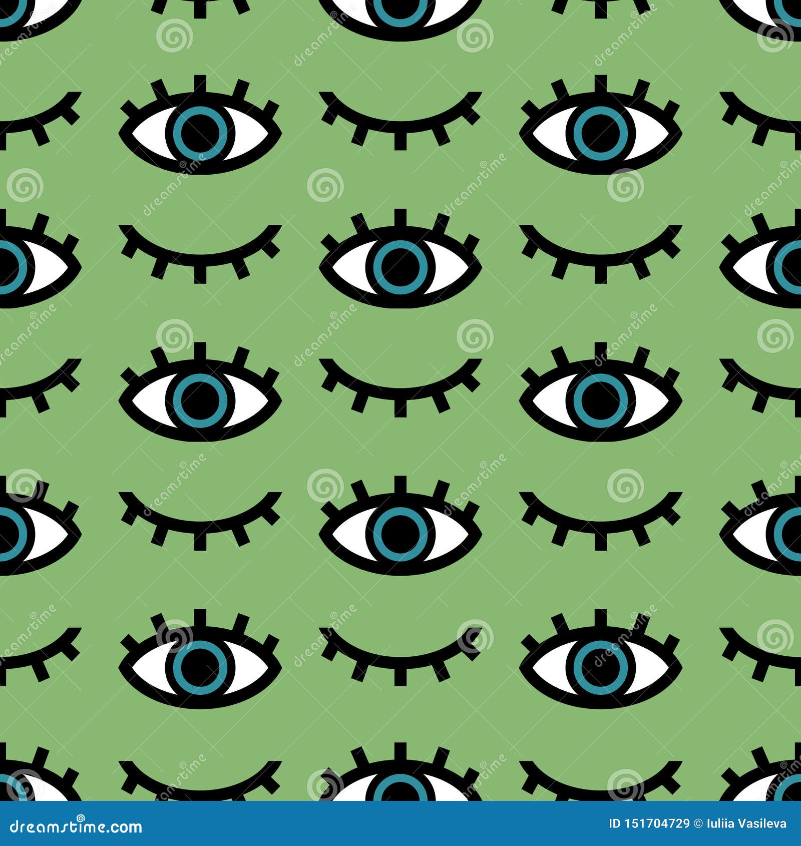 Vector Seamless Pattern of Eyes Open and Closed on Green Background ...