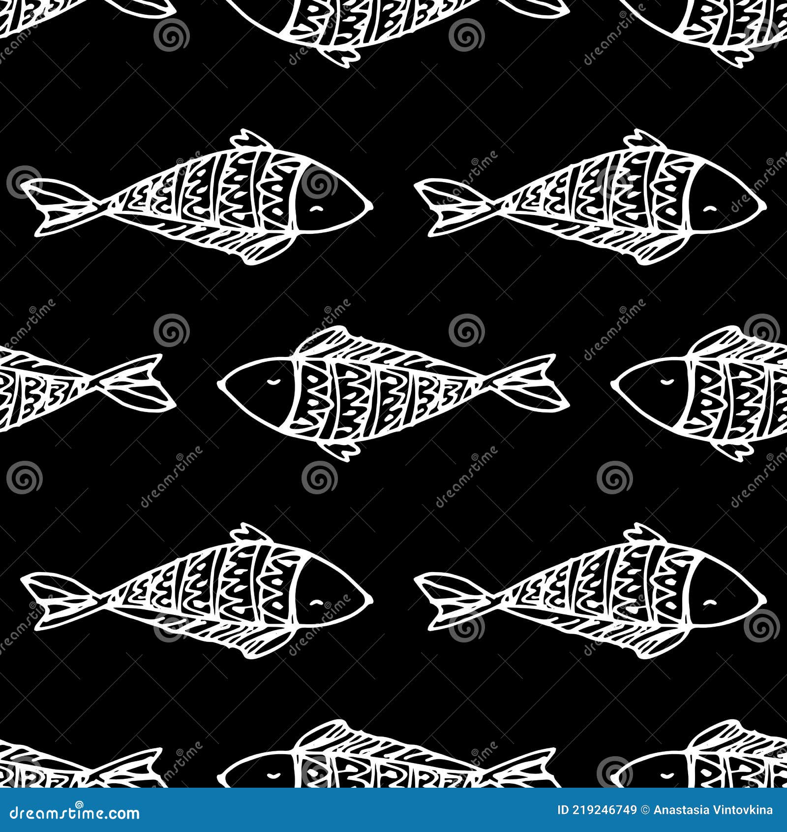 Vector Seamless Pattern of Fish in Different Directions. Hand-drawn ...