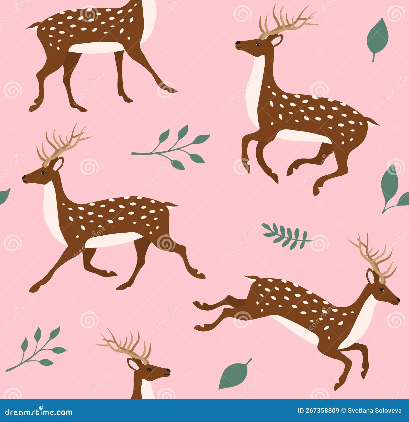 Vector Seamless Pattern of Flat Deer and Leaves Stock Vector ...