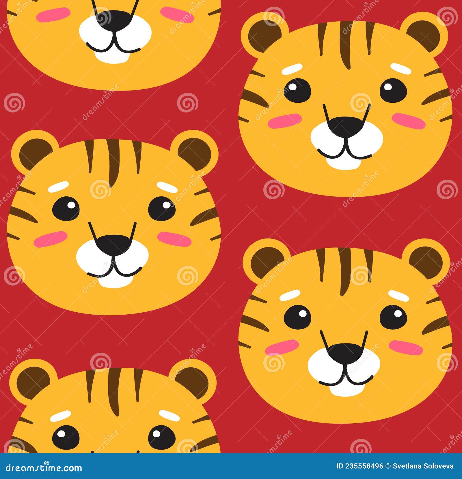 Vector Seamless Pattern of Flat Tiger Face Head Stock Vector ...