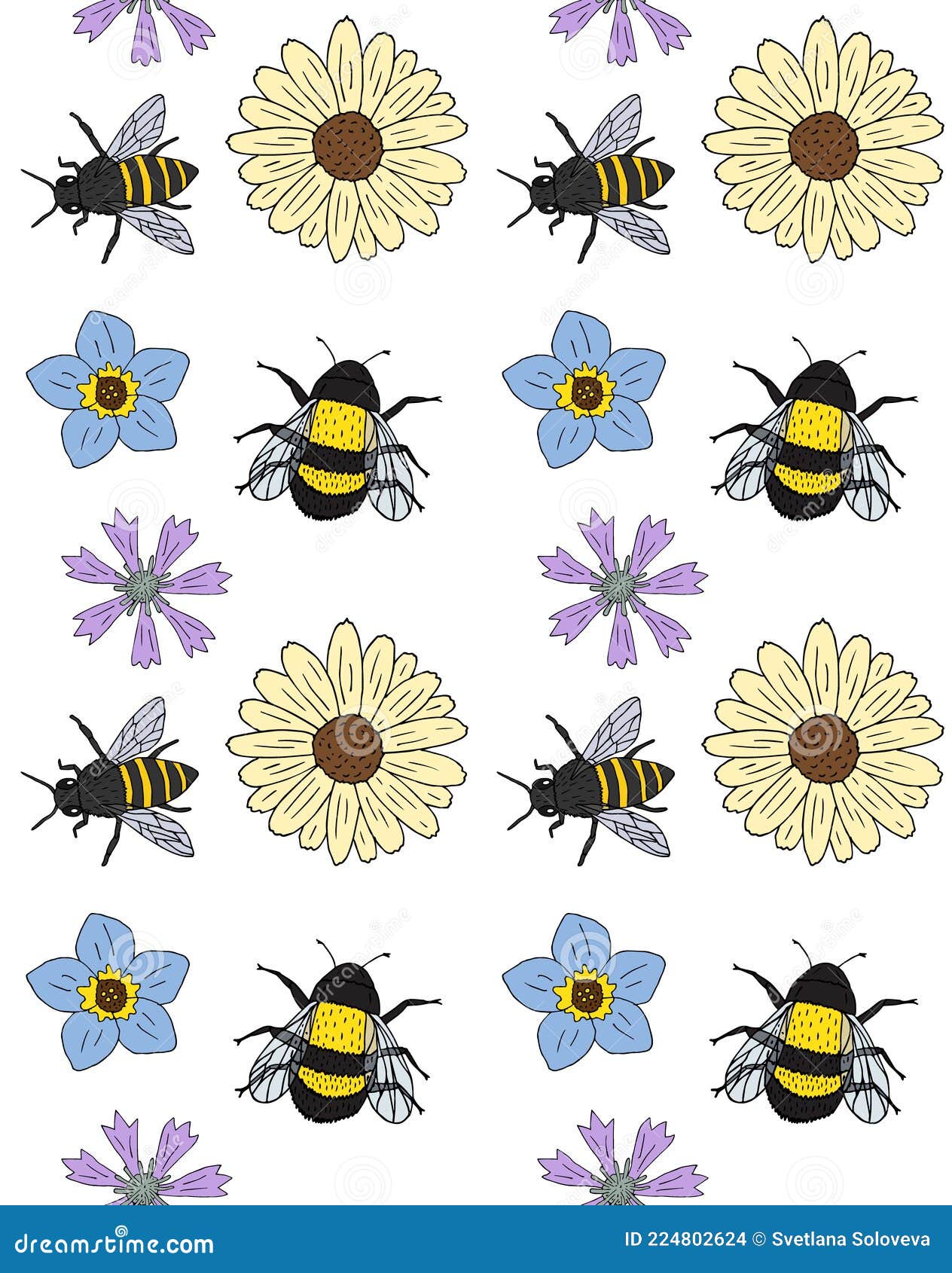 Vector Seamless Pattern of Flowers and Bee Stock Vector - Illustration ...