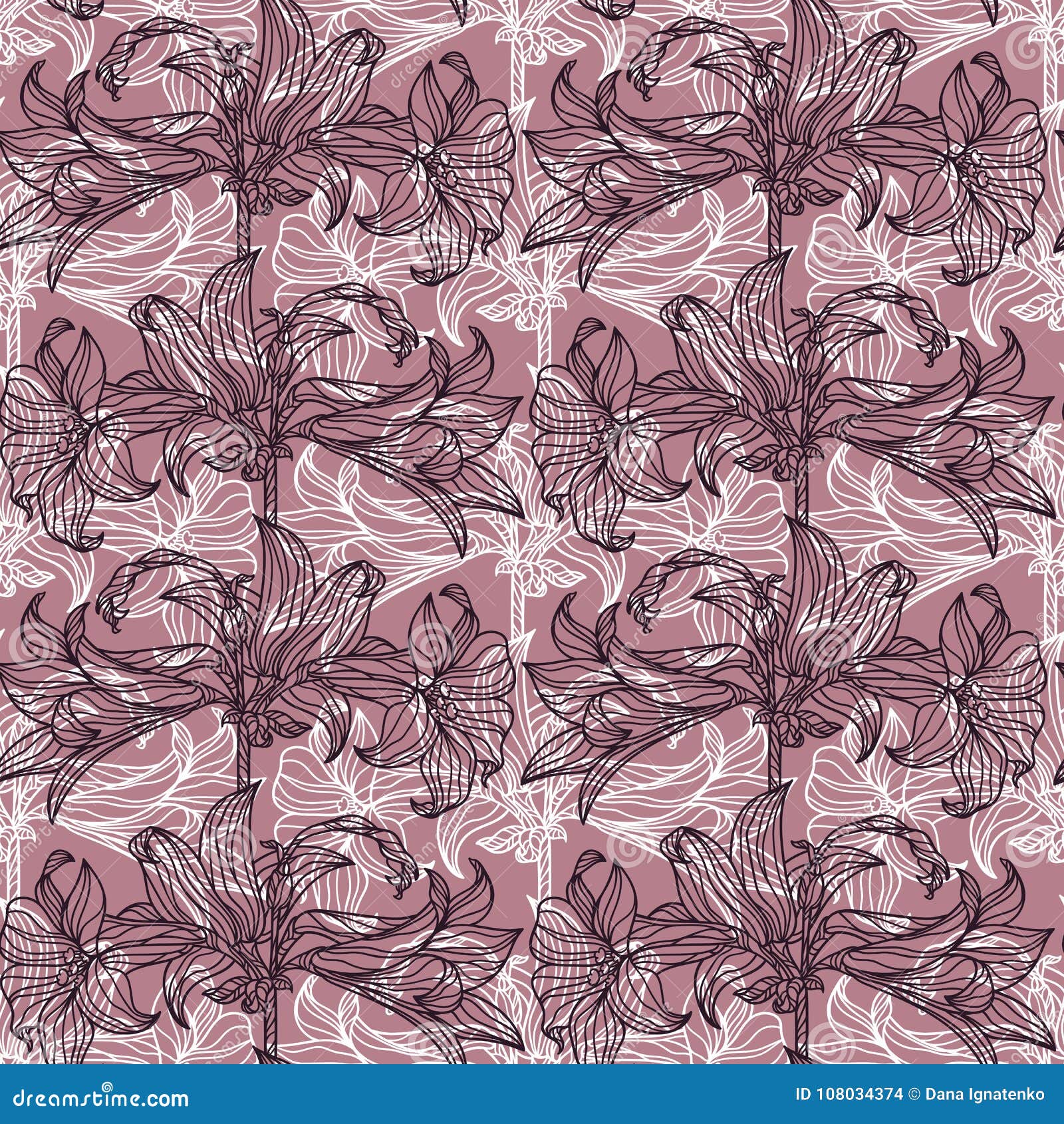 Vector Seamless Pattern with Flowers. Black and Pink Pattern Stock ...